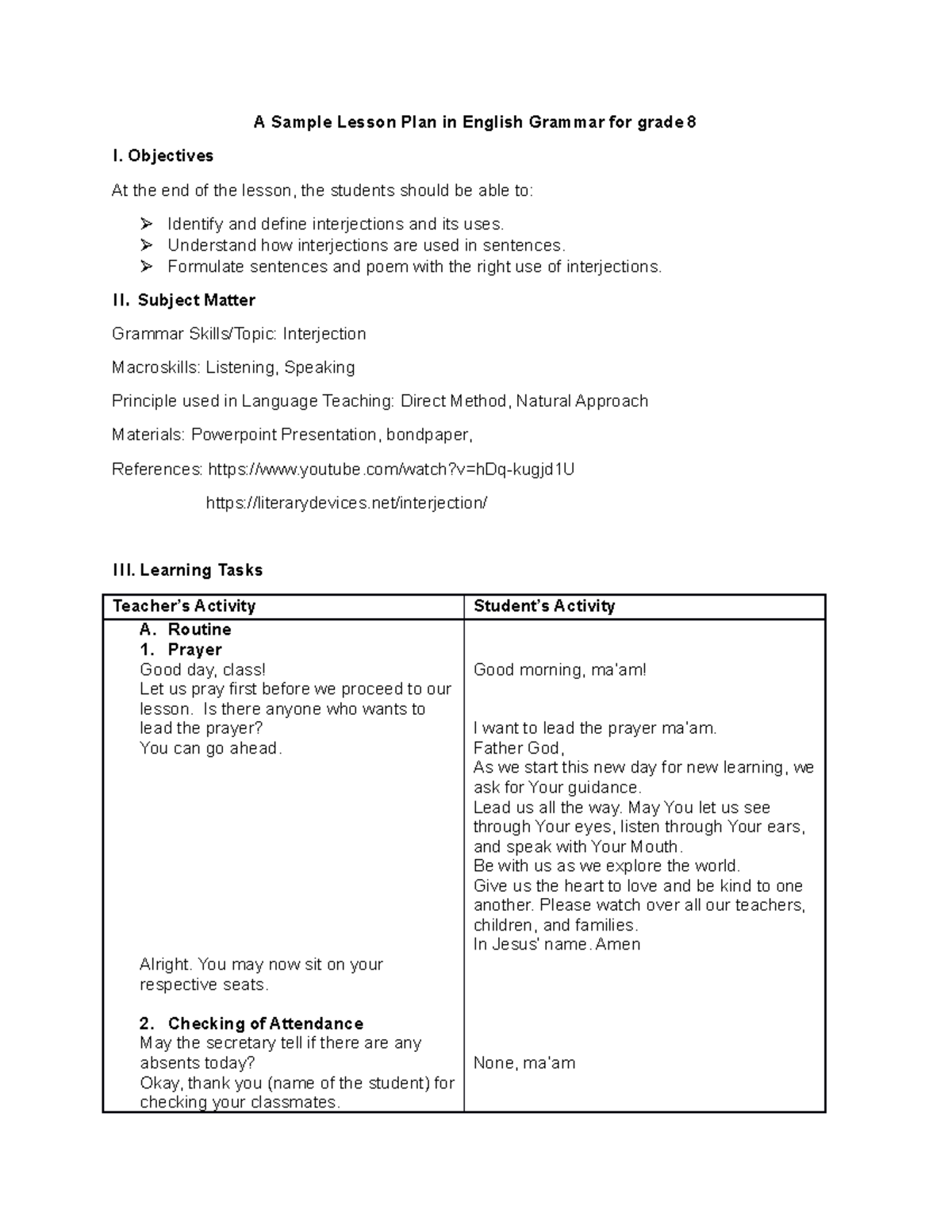 A Sample Lesson Plan In English Grammar For Grade 8 Objectives At The 