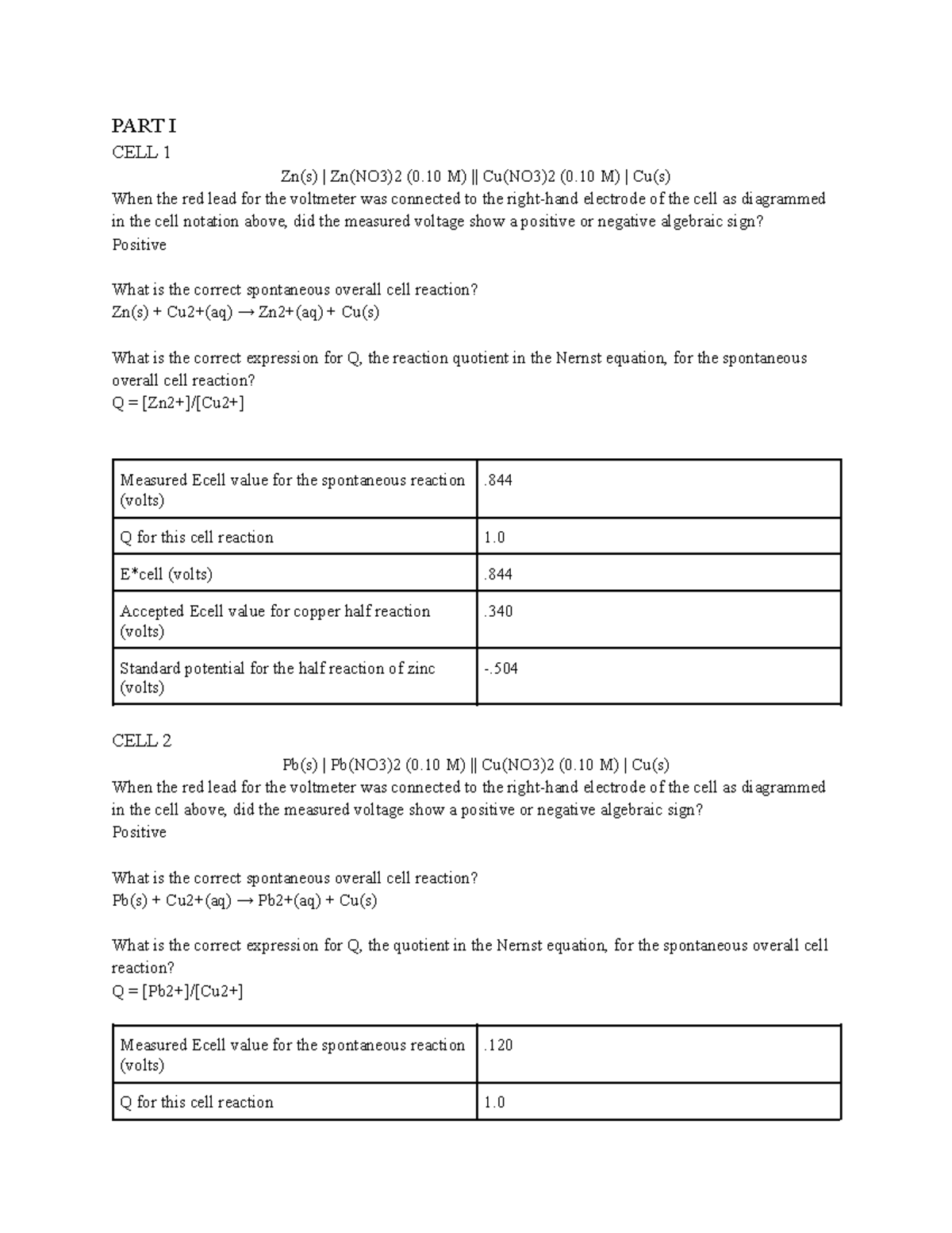 Electrochemical Cells - PART I CELL 1 Zn(s) | Zn(NO3)2 (0 M) || Cu(NO3 ...