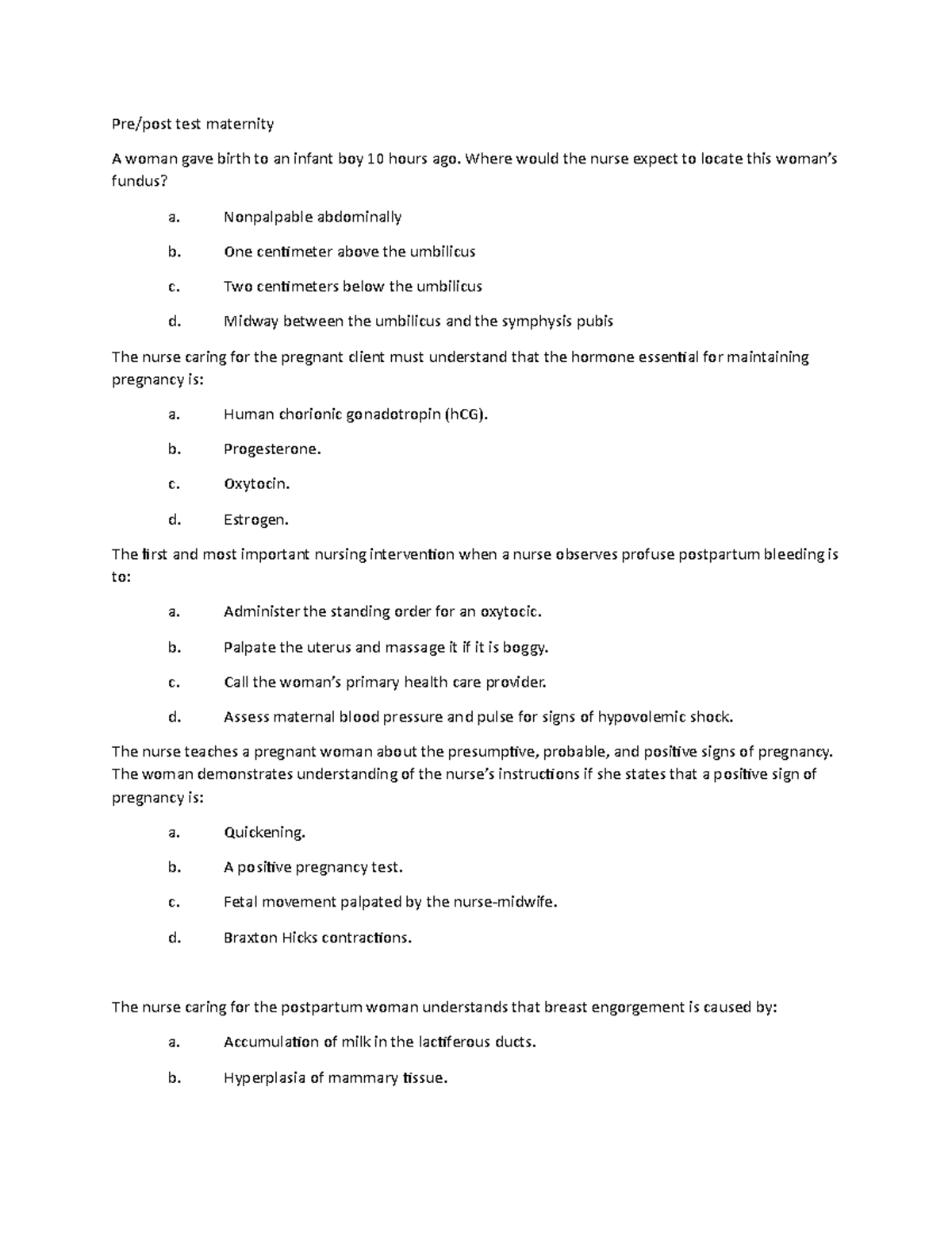 Post test maternity - notes review test - Pre/post test maternity A ...