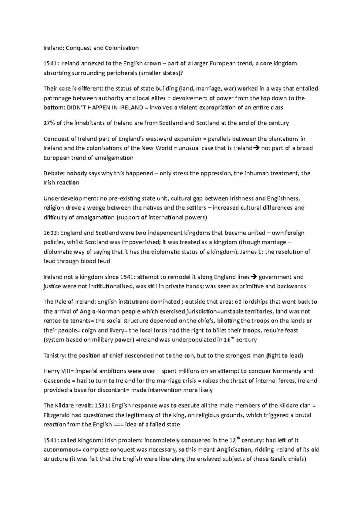 Lecture notes, lecture 1 - Early modern ireland - Ireland: Conquest and ...