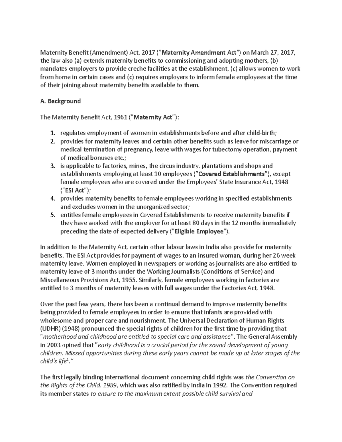 Maternity Benefit - A. Background The Maternity Benefit Act, 1961 ...