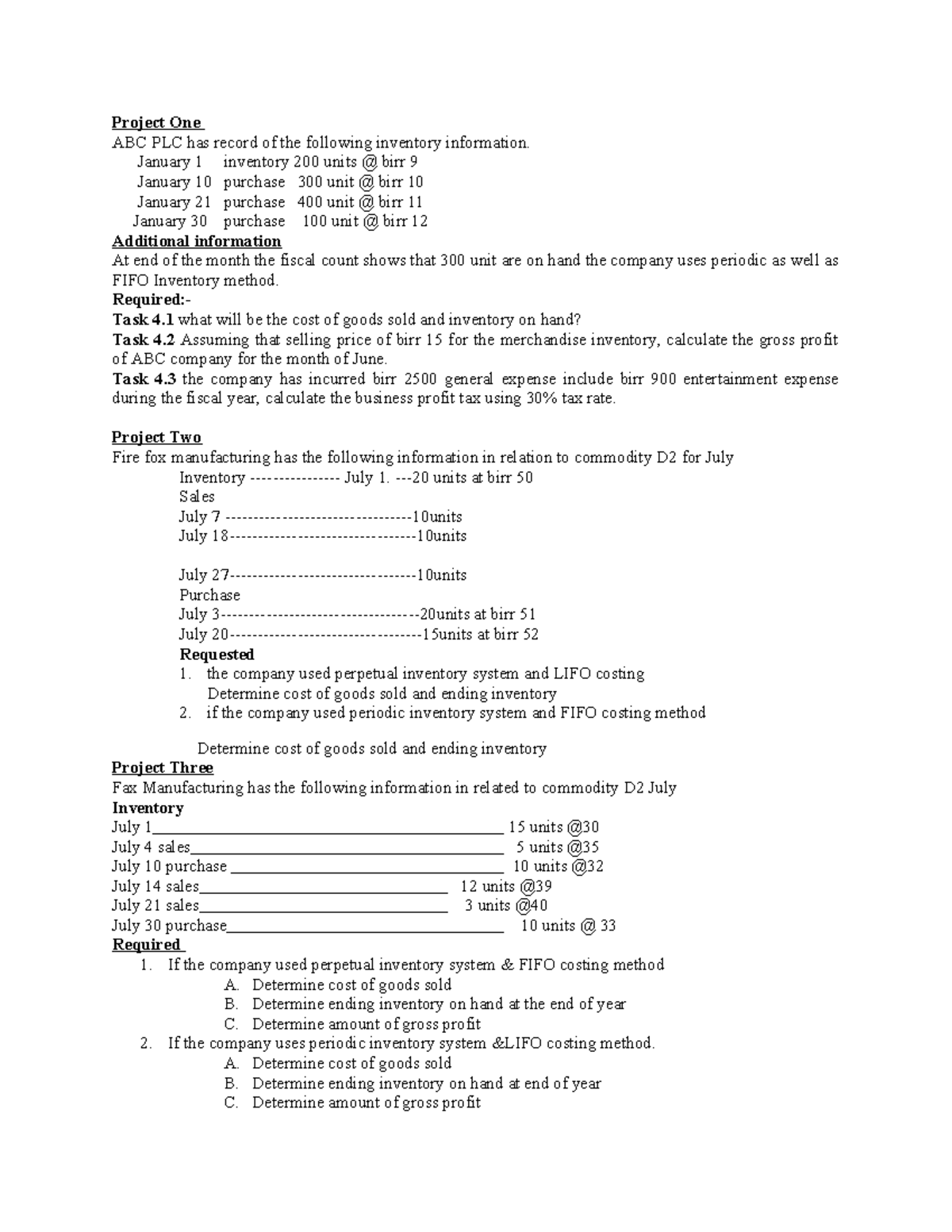 Inventory Project - Accounting - Project One ABC PLC has record of the ...