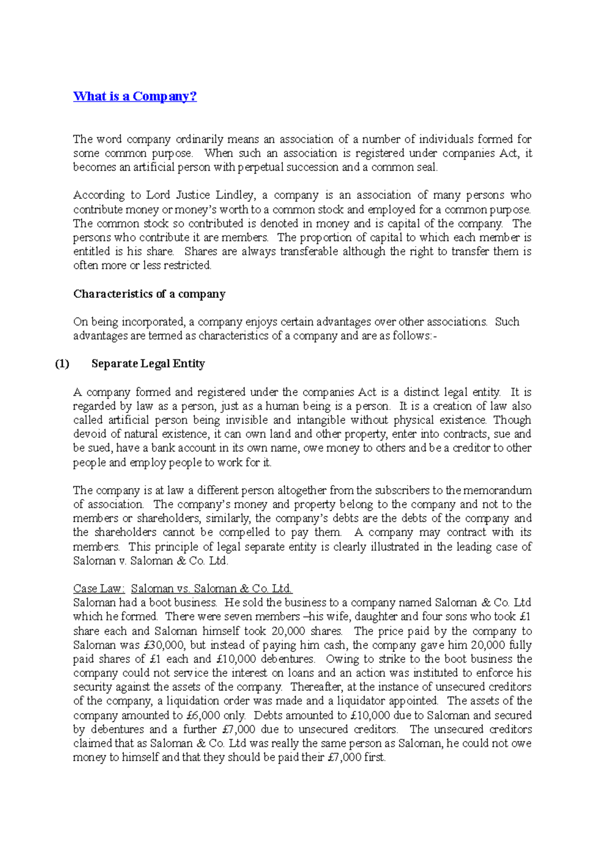 Company Notes 1 What Is A Company The Word Company Ordinarily Means
