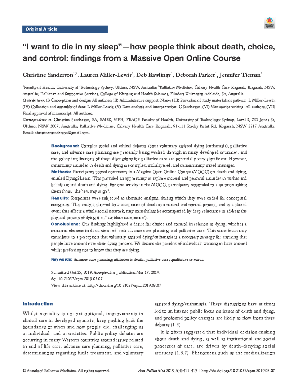 Apm 08 04 411 - RONESS - Original Article “I want to die in my sleep ...