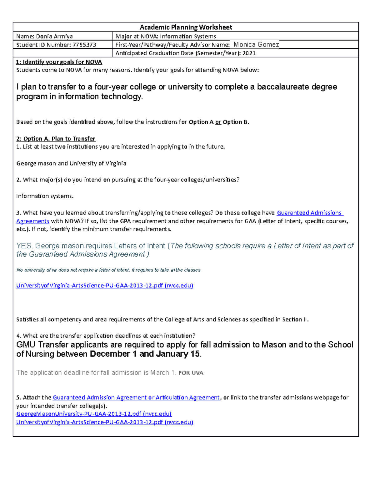 Academic Planning Worksheet - Academic Planning Worksheet Name: Donia ...