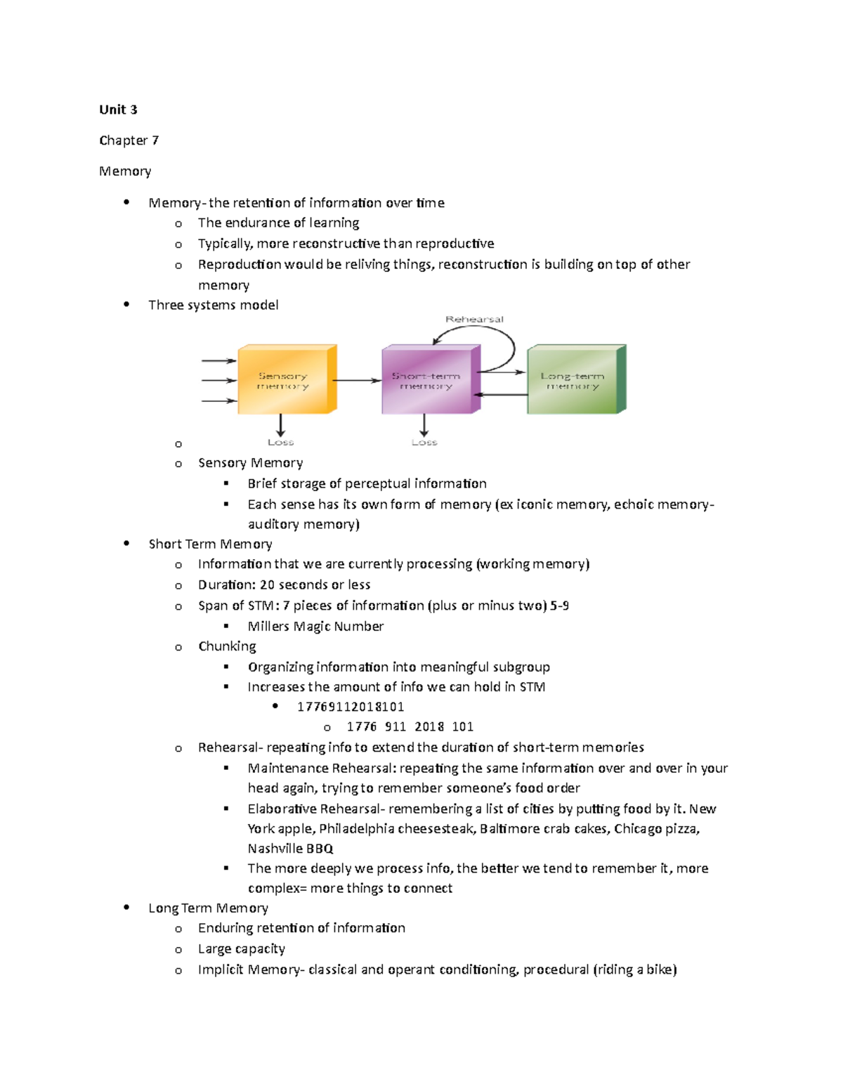 Psych unit 3 - chapter 7-11 - Unit 3 Chapter 7 Memory Memory- the retention of information over ...