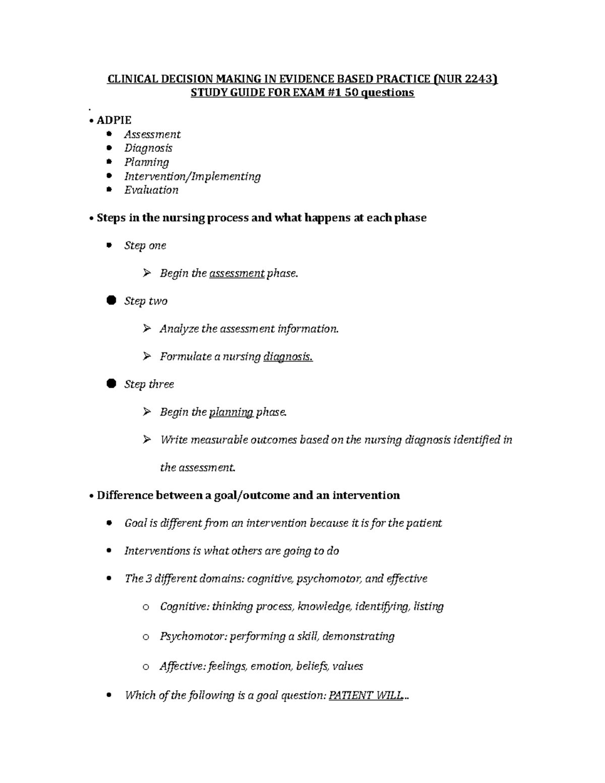 Clinical Decision Making Exam 1 - CLINICAL DECISION MAKING IN EVIDENCE ...