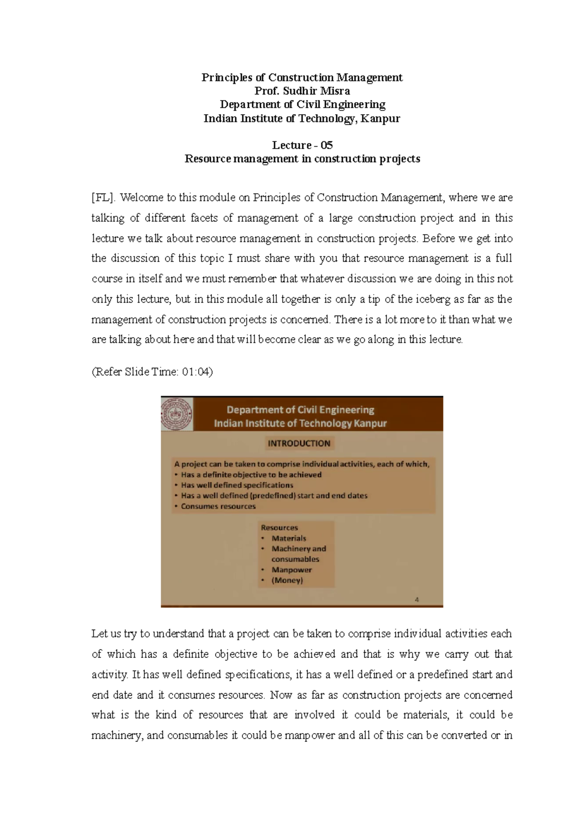 Lecture 5 Resource management in construction projects - Principles of ...