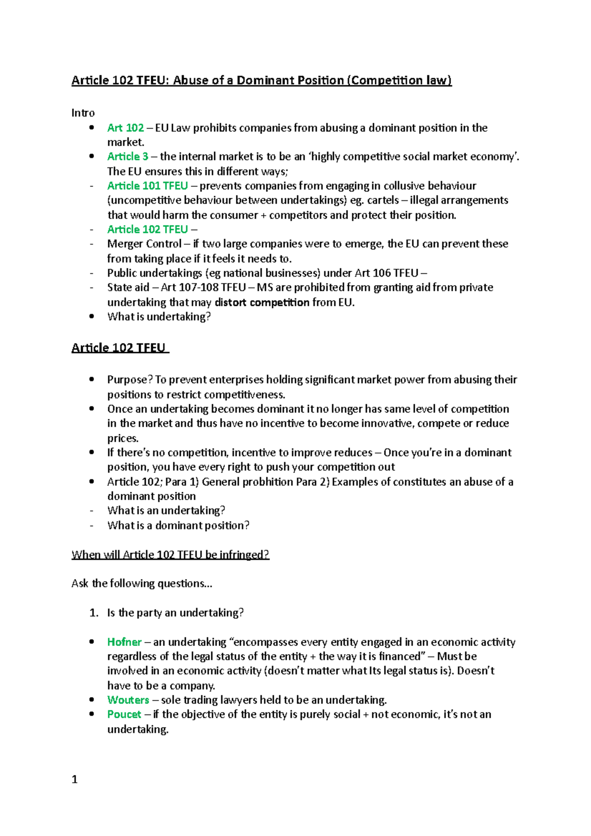 Article 102 TFEU Lecture Notes - Article 102 TFEU: Abuse of a Dominant ...