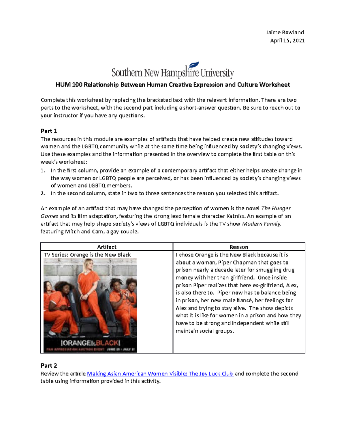 Jaime Rowland.HUM 100 Relationship Between Human Creative Expression ...