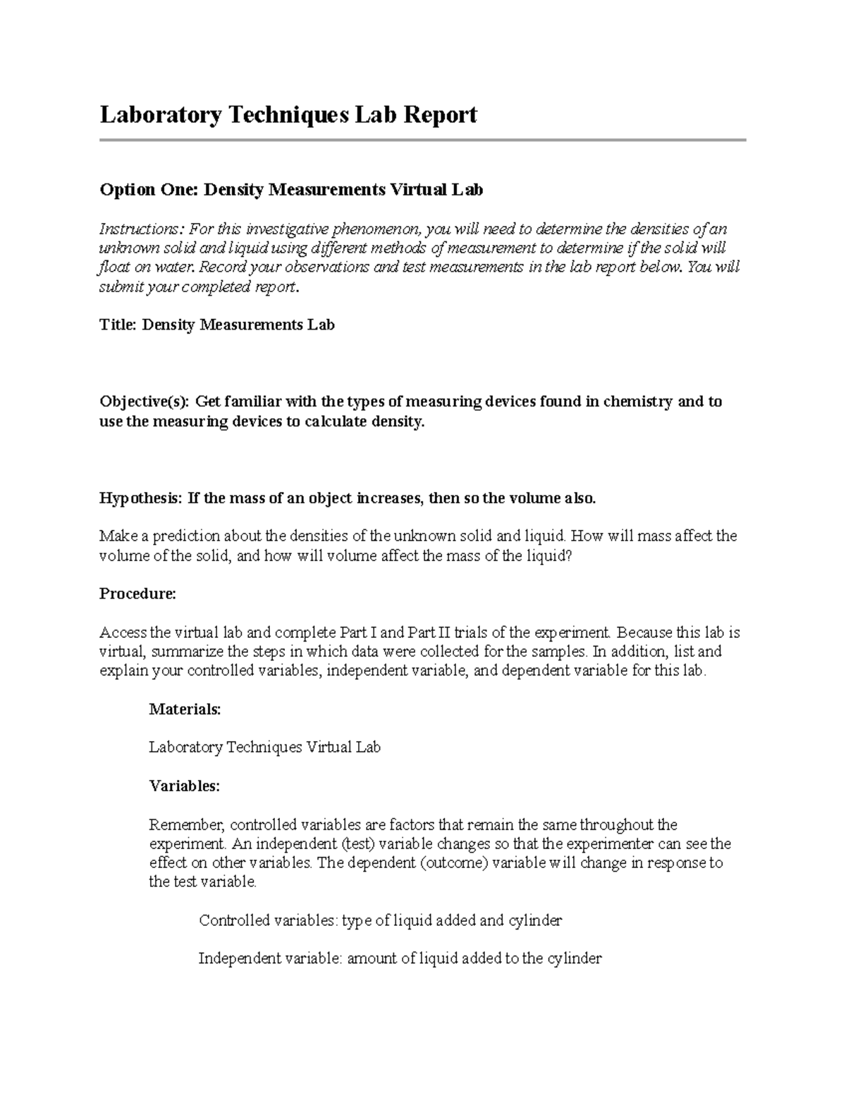 Laboratory techniques option one report (1) Nicholas Mc Quagge ...