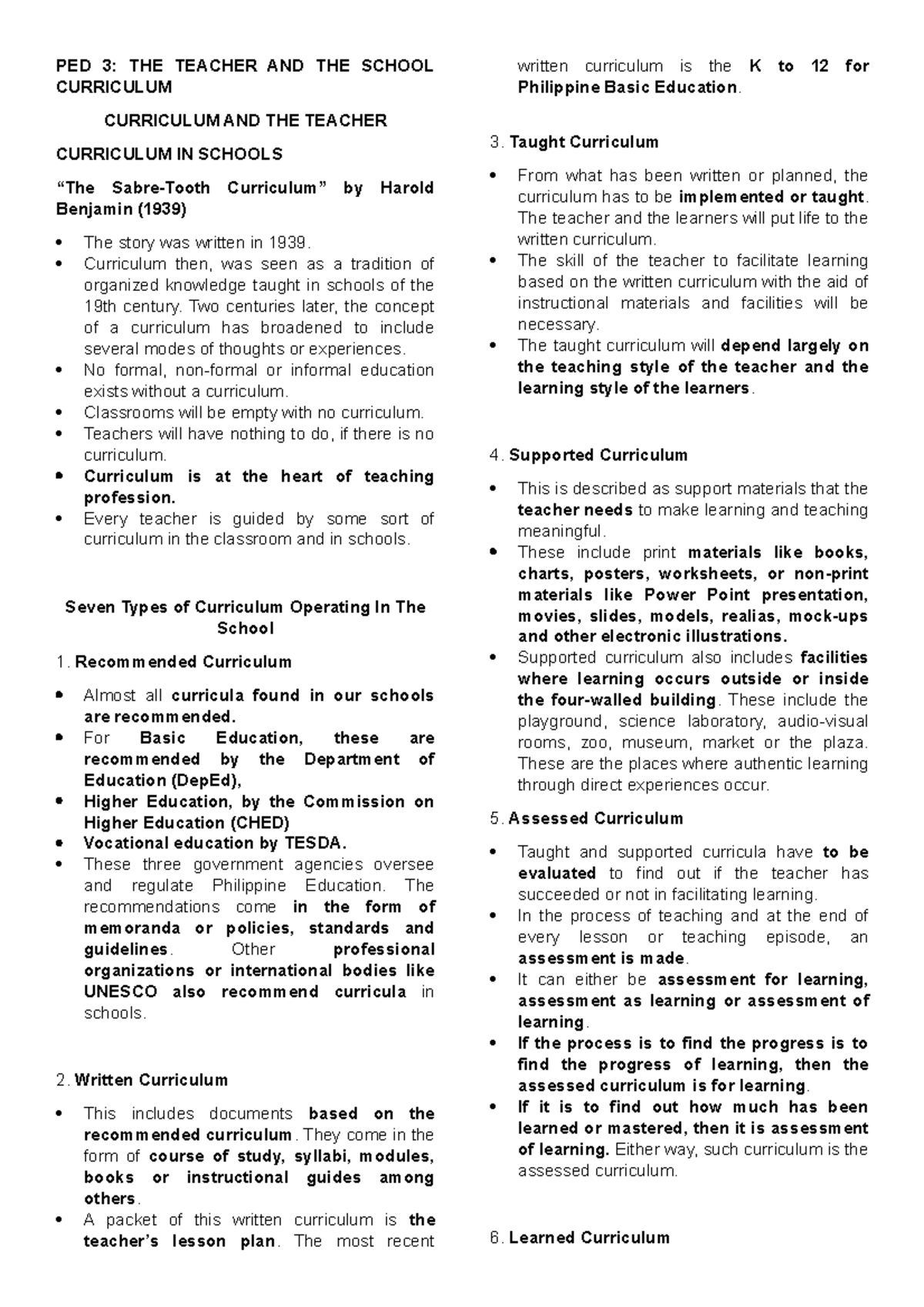 PED 3: THE TEACHER AND THE SCHOOL CURRICULUM LET NOTES - PED 3: THE ...