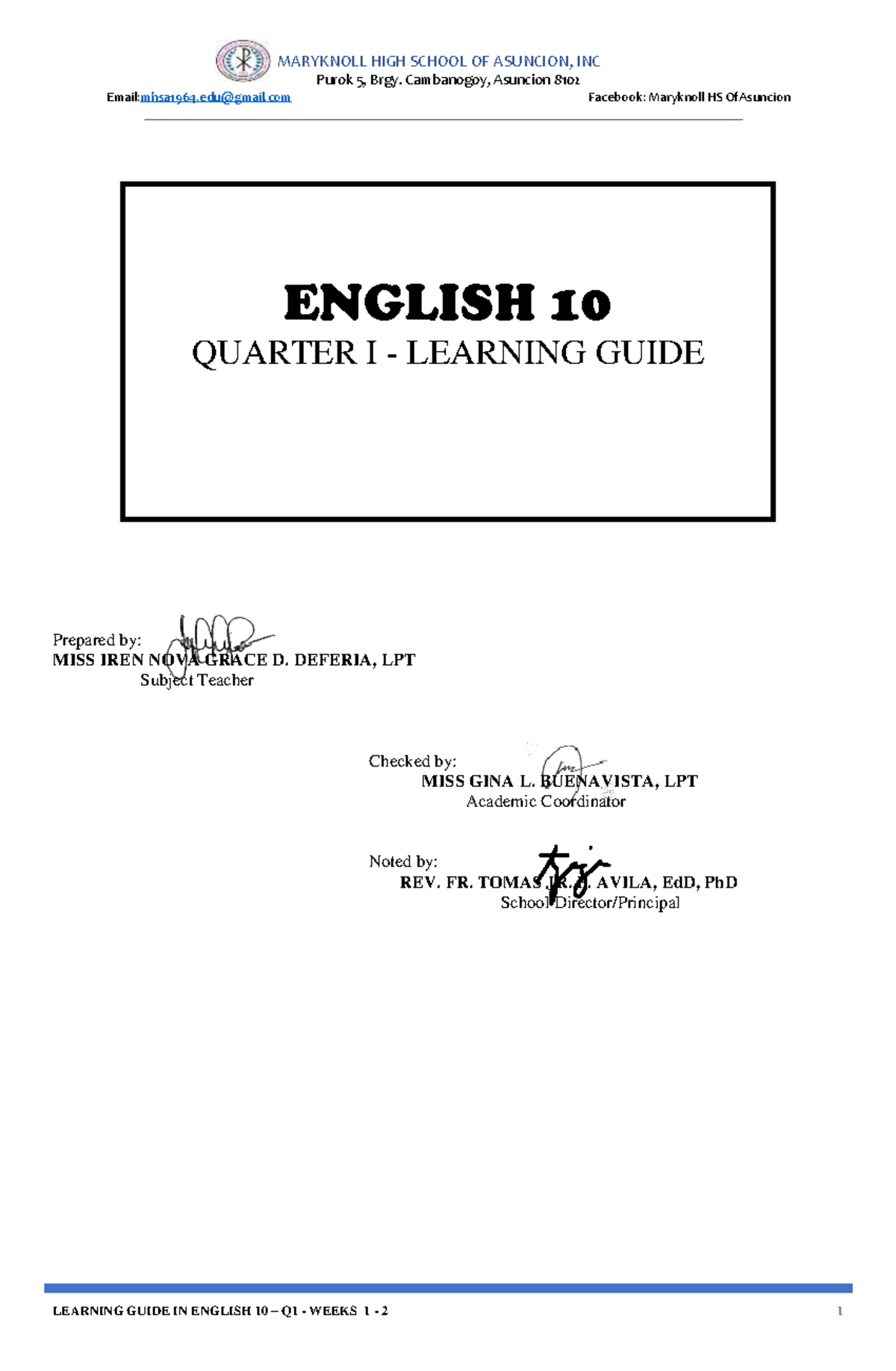 LG ENG 10 W 1 -2 (Q1) - English 10 - MARYKNOLL HIGH SCHOOL OF ASUNCION ...