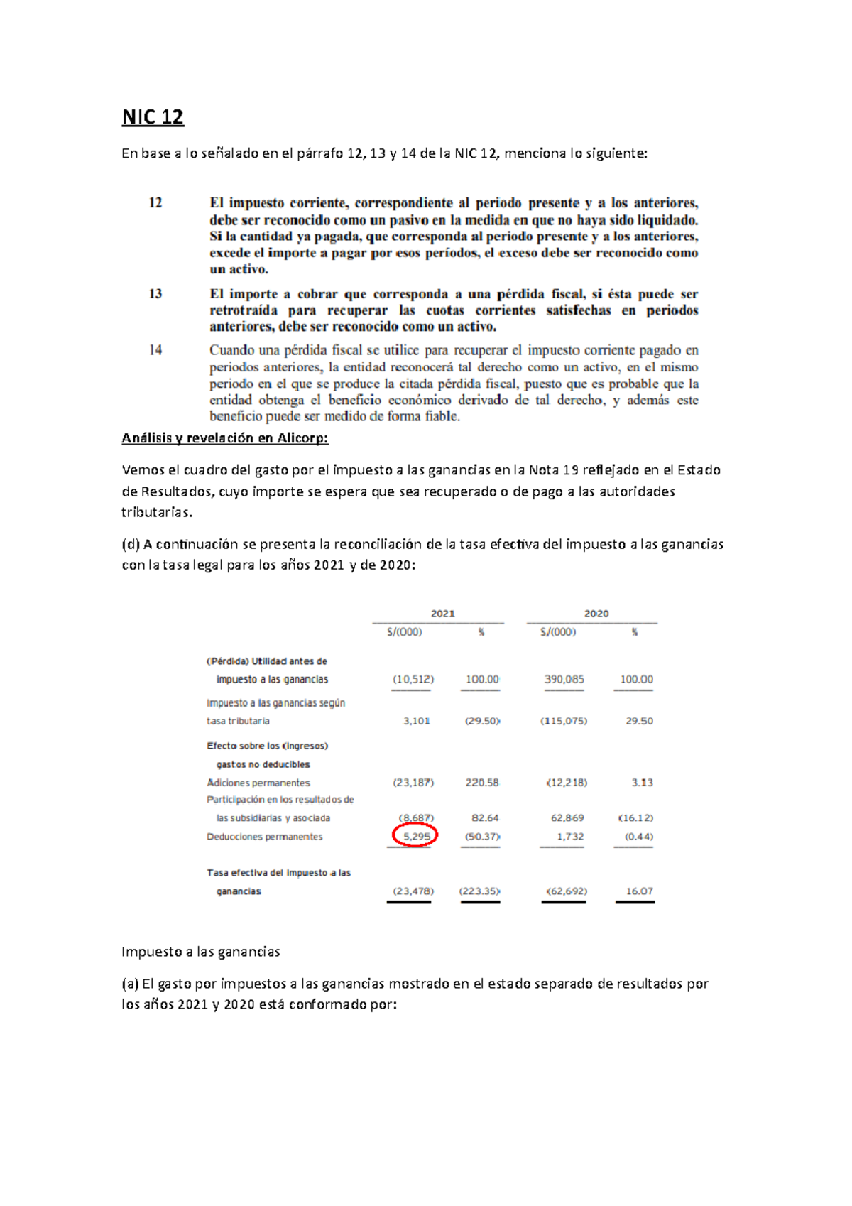 NIC 12 - tarea de la nic 12 alicorp - NIC 12 En base a lo señalado en ...