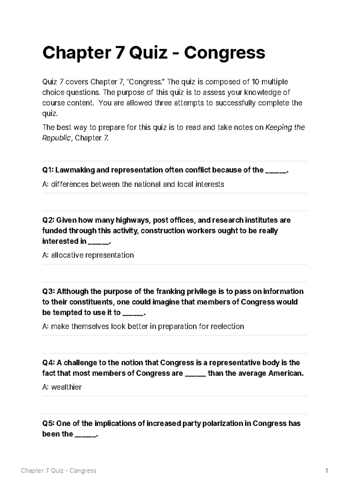 Chapter 7 Quiz - Congress - Chapter 7 Quiz - Congress Ԇ Chapter Ԏ Żuiz ...
