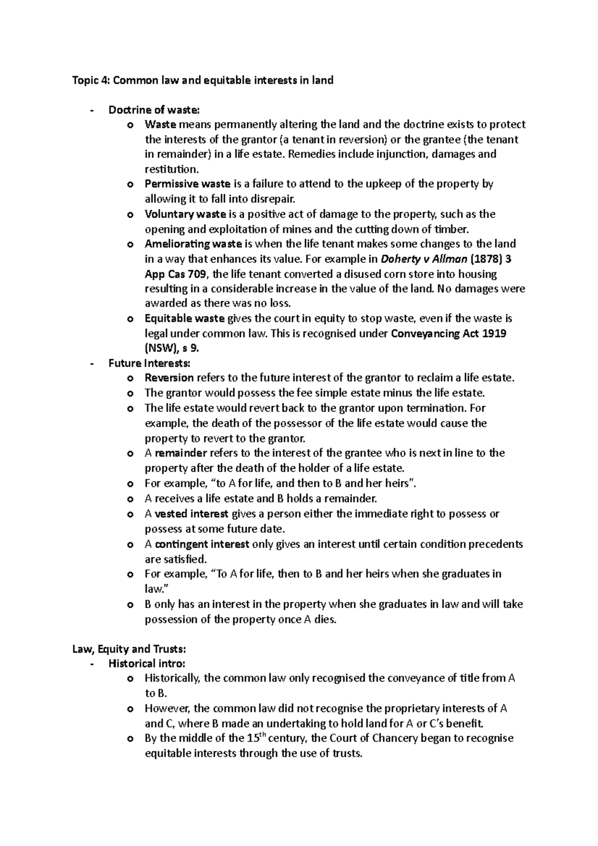 Topic 4 - Common law and equitable interests in land - Remedies include ...
