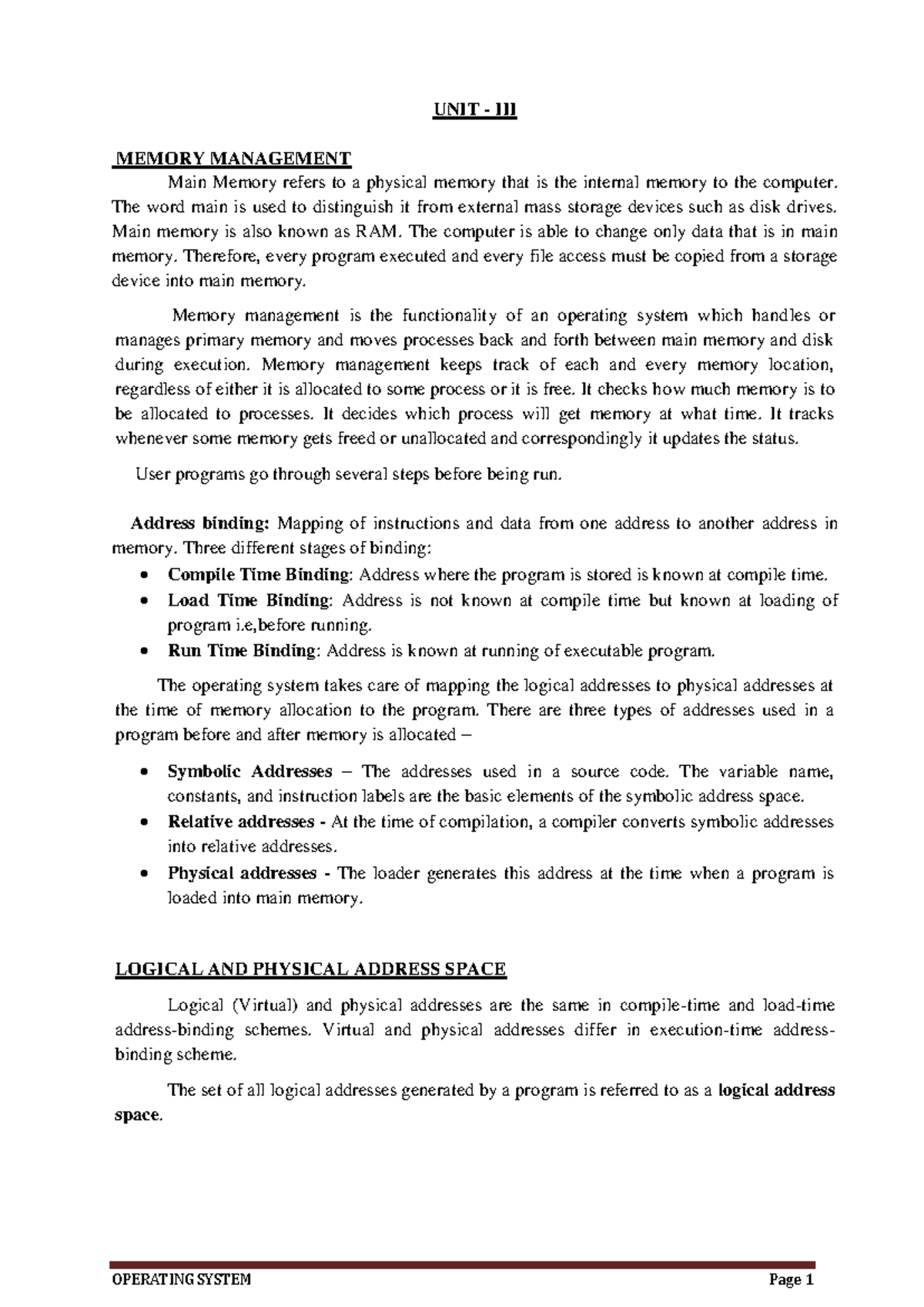 OS UNIT III-1 - Operating system - UNIT - III MEMORY MANAGEMENT Main Memory refers to a physical ...
