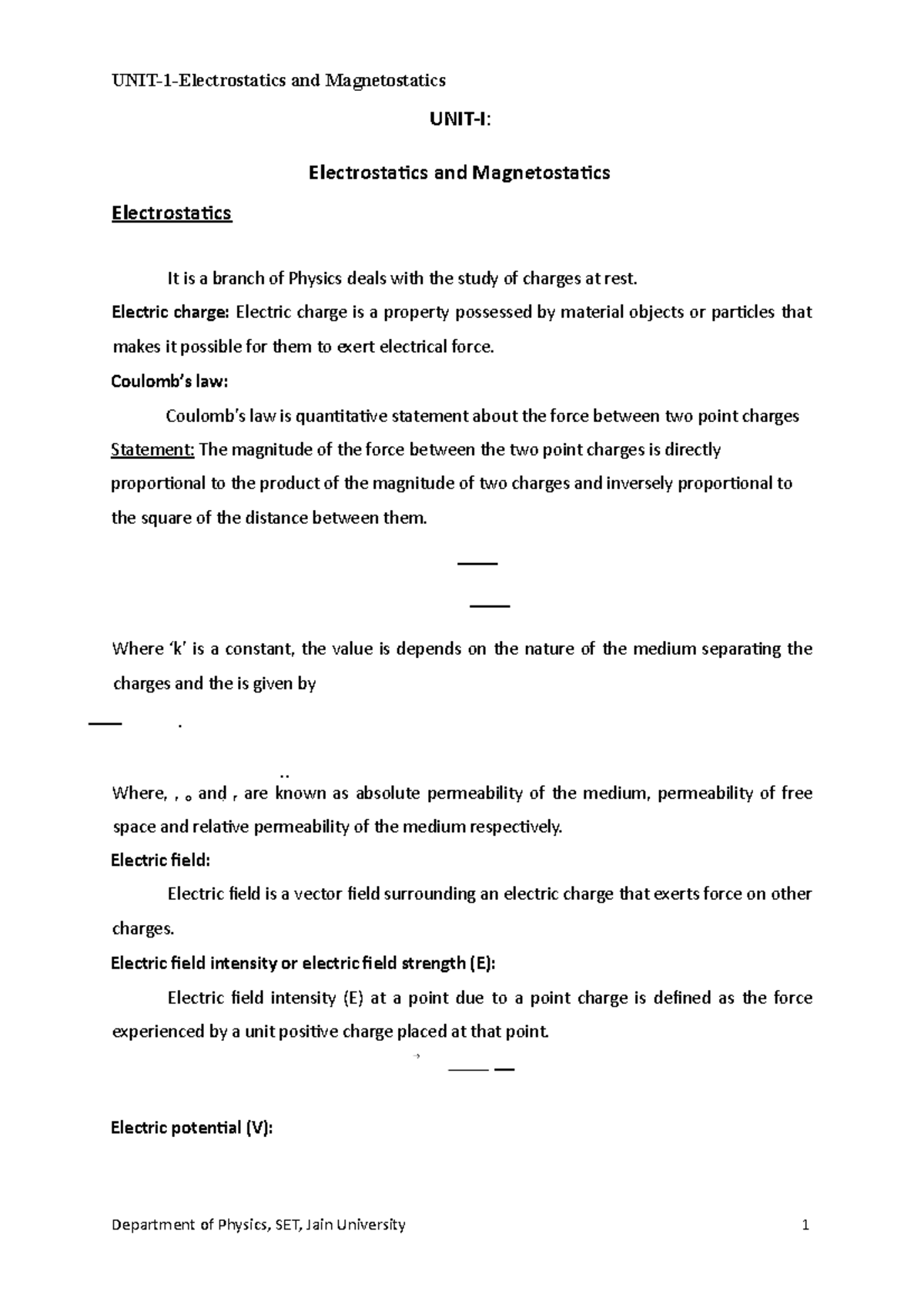 Unit 1 Electrostatics notes - UNIT-I: Electrostatics and Magnetostatics ...