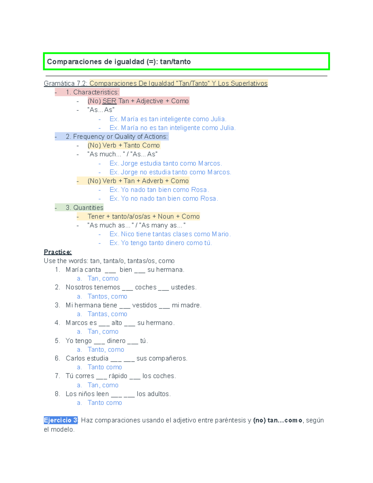 Gramática 7.2 Comparisons of Equality tan tanto - Comparaciones de ...