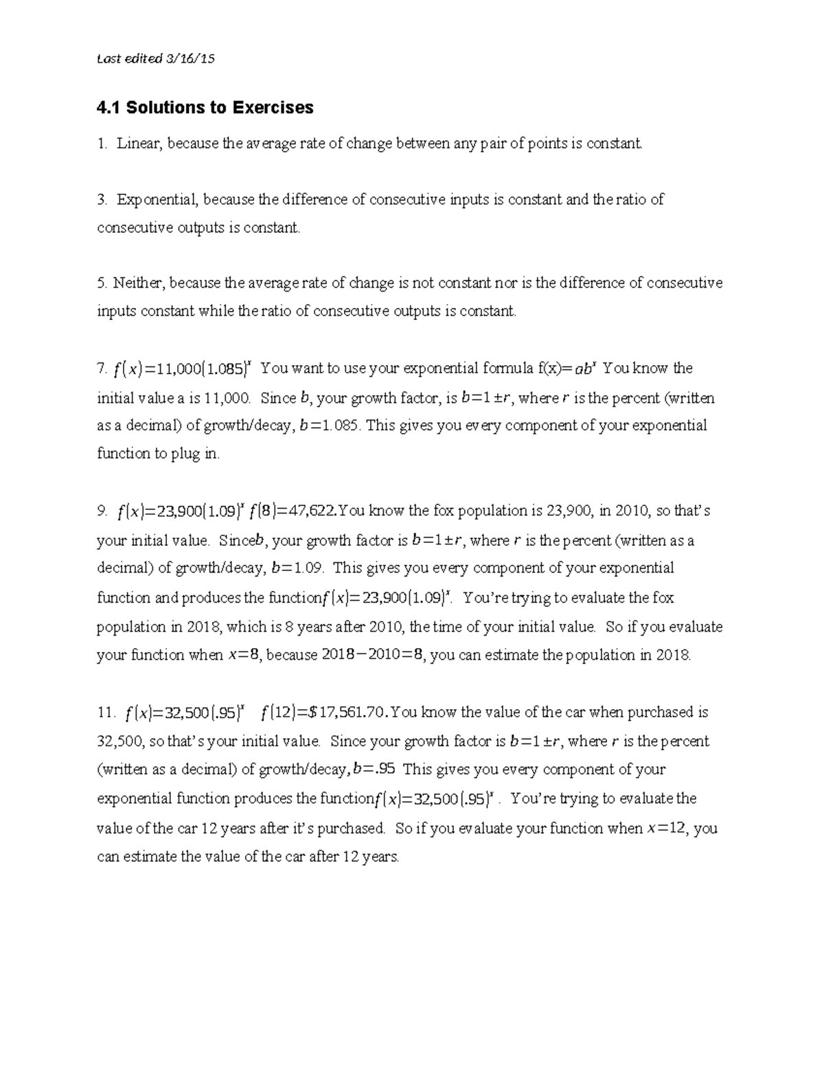 Chapter 4 Solutions - 4 Solutions to Exercises Linear, because the ...