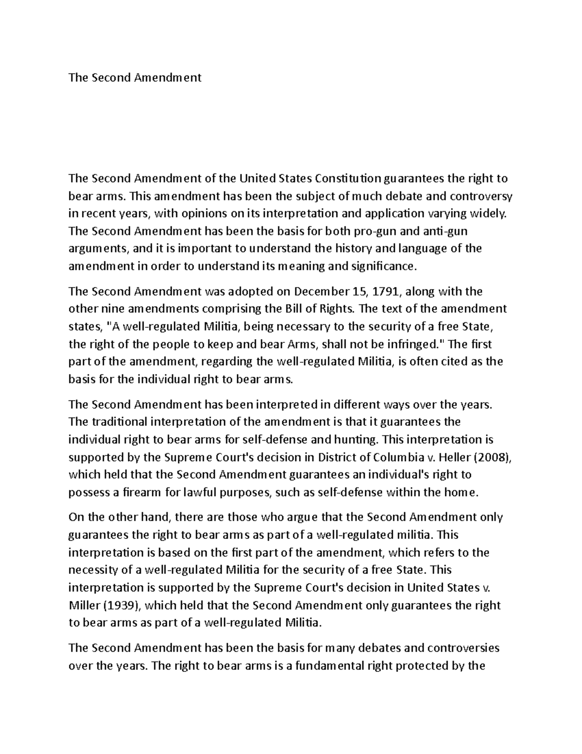 The Second Amendment notes - The Second Amendment The Second Amendment ...