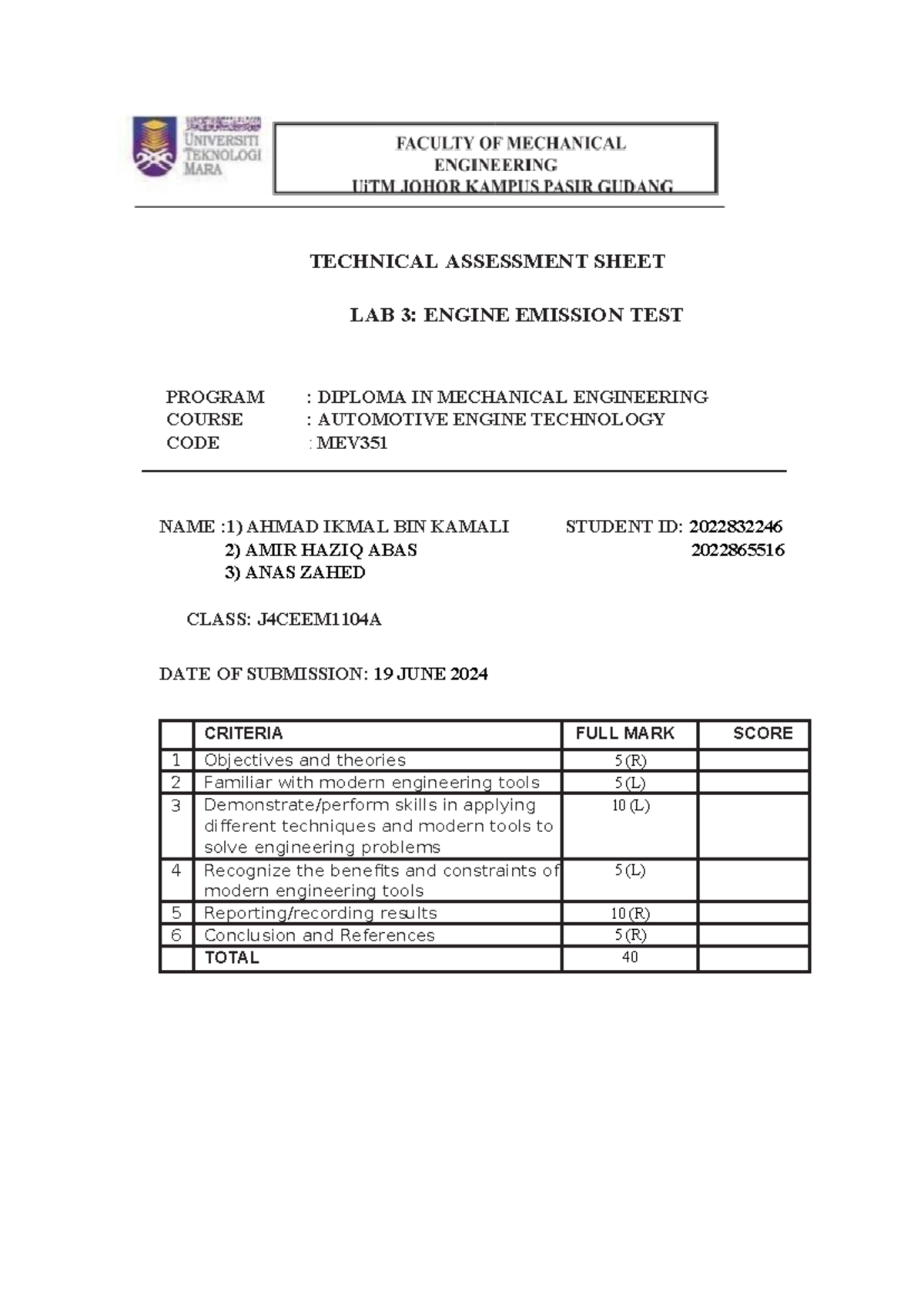 Lab 3 Engine Emission Test Report ( blom graph ) - TECHNICAL ASSESSMENT ...