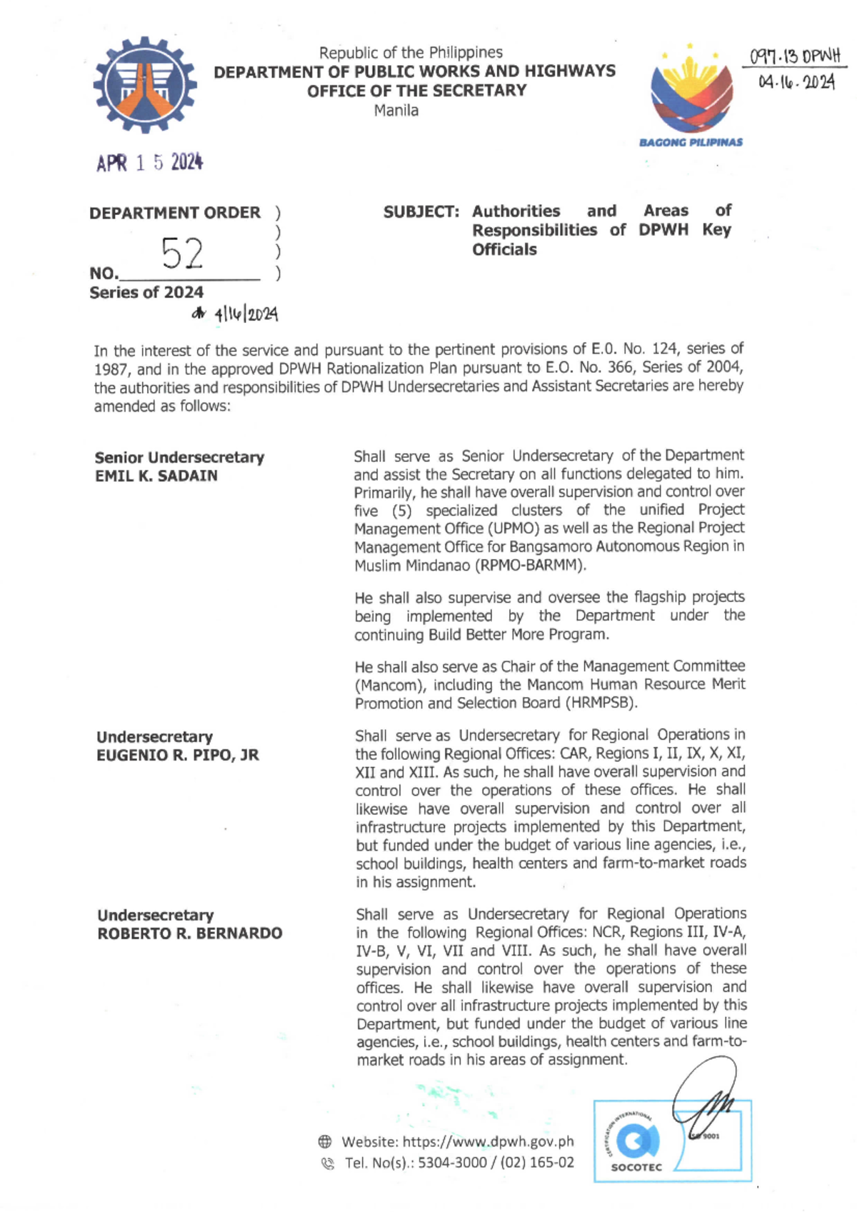 Do 052 s2024 - RE APR 1 5 202+ Republic of the Ph`ilippines DEPARTMENT ...