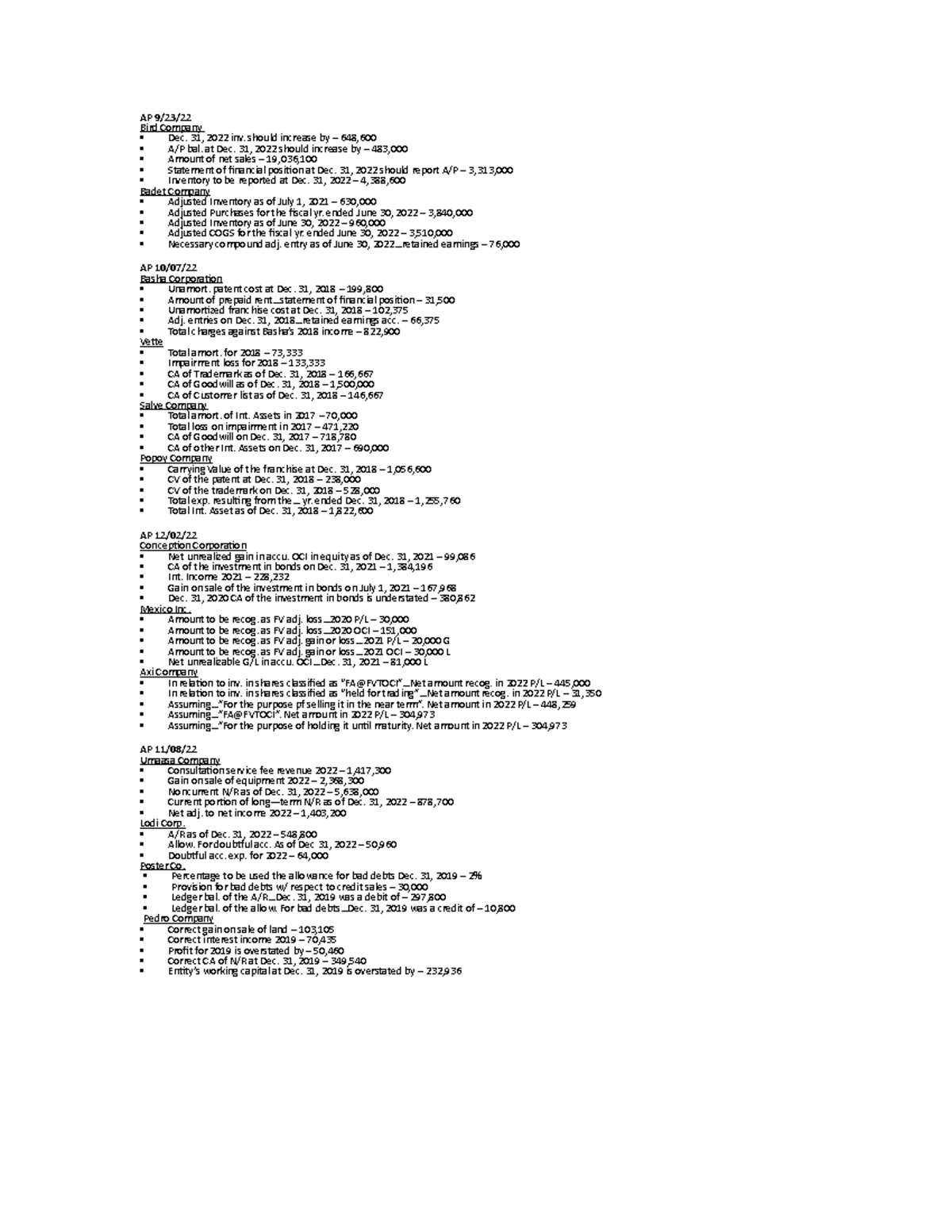 AP - Studyy notes - Bird Company Amount to be recog. as FV adj. gain or ...