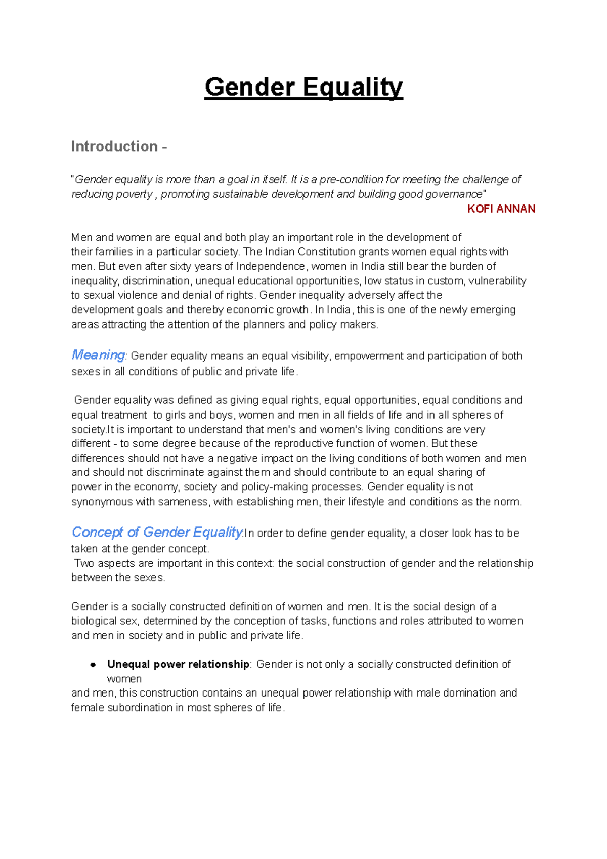 Article on Gender Equality - Gender Equality Introduction - “Gender ...