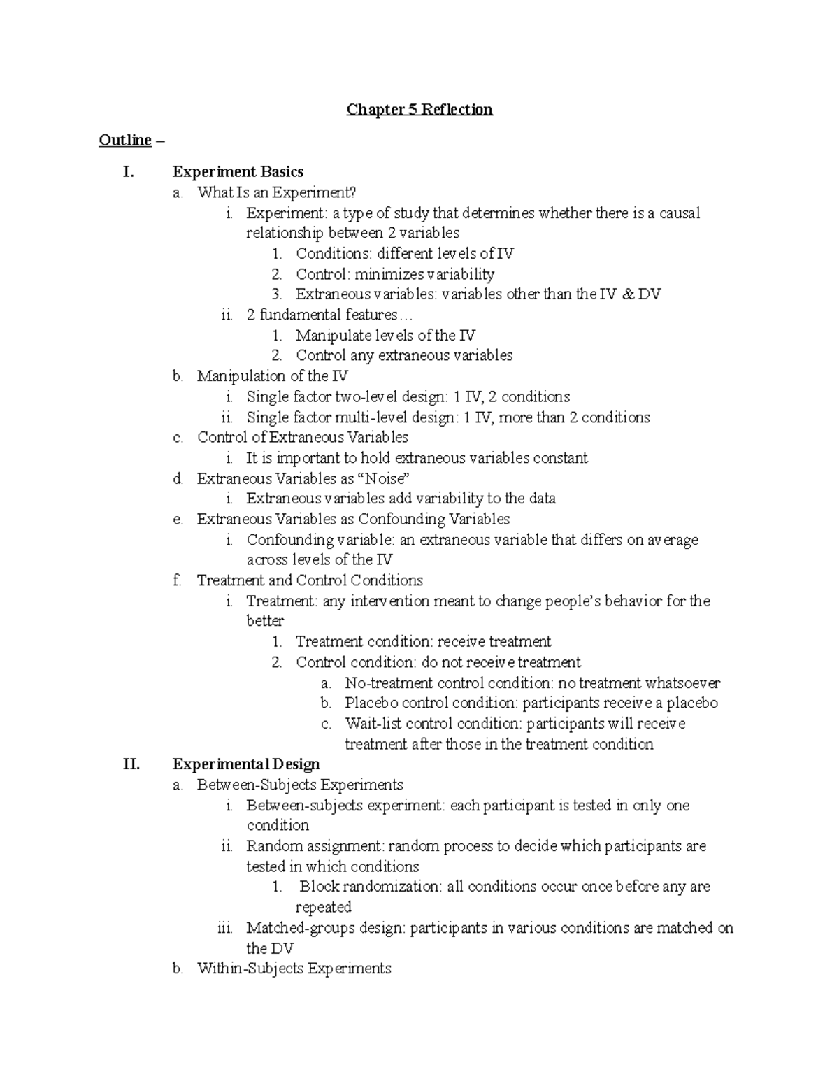 PSYC Research Methods - Ch. 5 Summary - Chapter 5 Reflection Outline ...