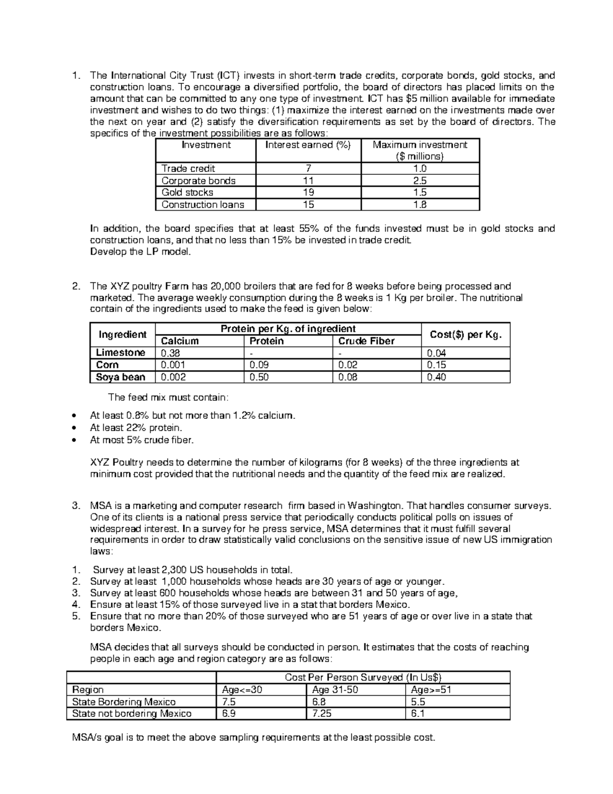 Lp problem for class - The International City Trust (ICT) invests in ...