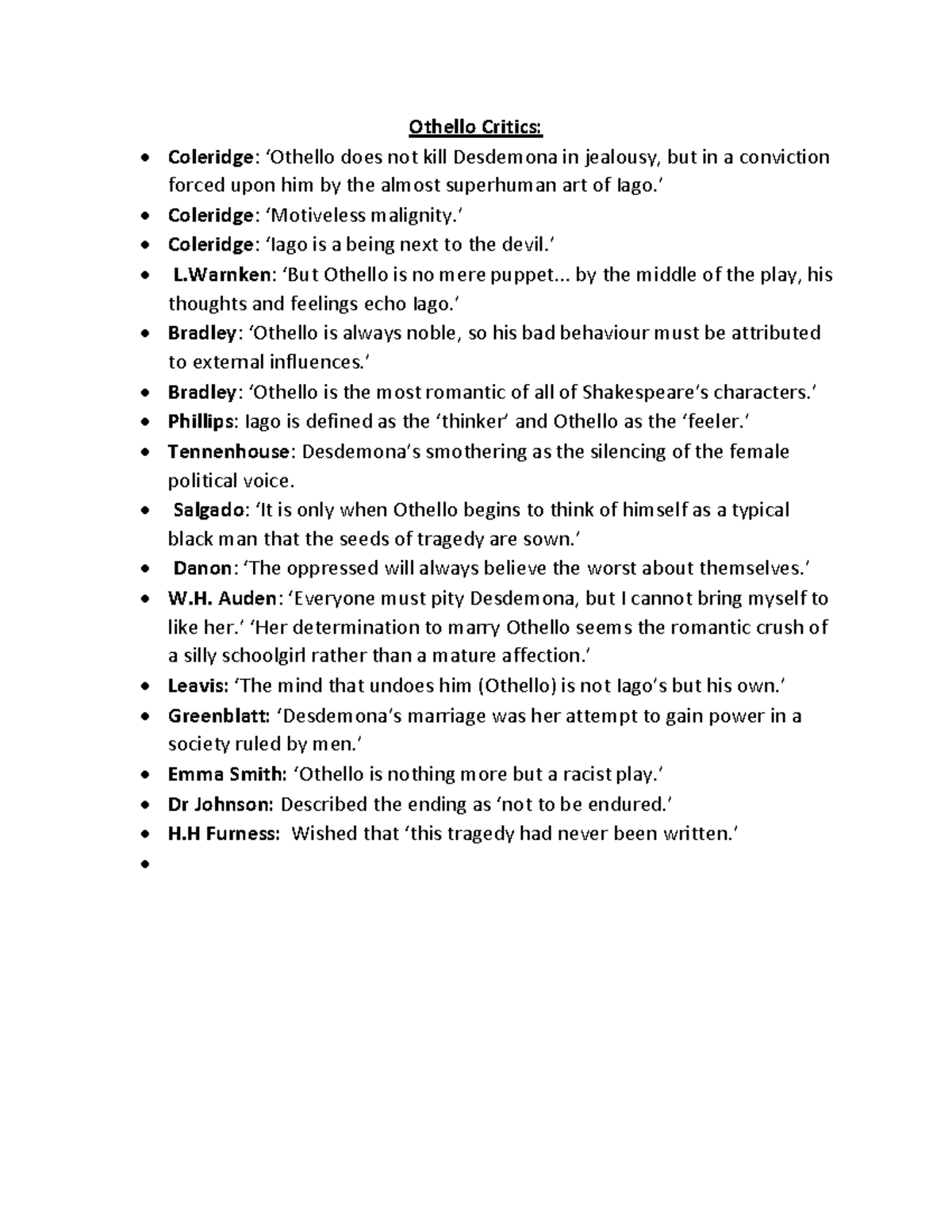 Othello Critics -!!! - Othello Critics: Coleridge: ‘Othello does not ...