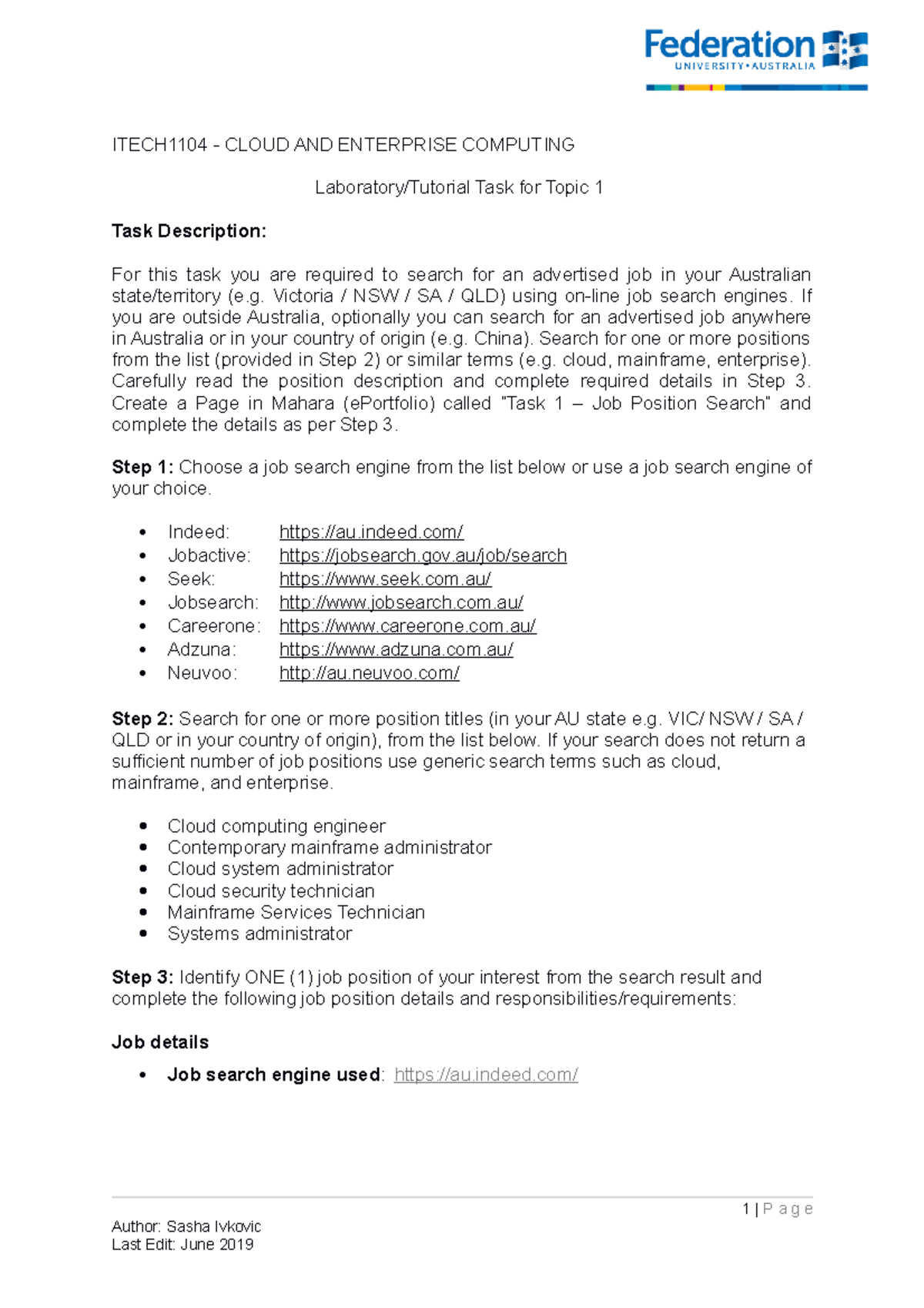 Itech 1104 Week 1 - week report - ITECH1104 - CLOUD AND ENTERPRISE COMPUTING Laboratory/Tutorial ...