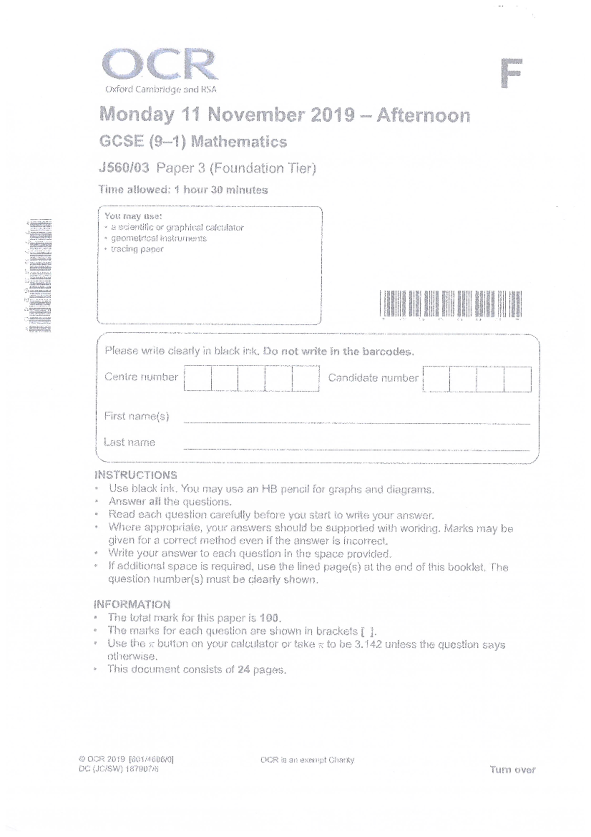 OCR GCSE Maths November 2019 Paper 3 Foundation - MATH 4083 - Studocu