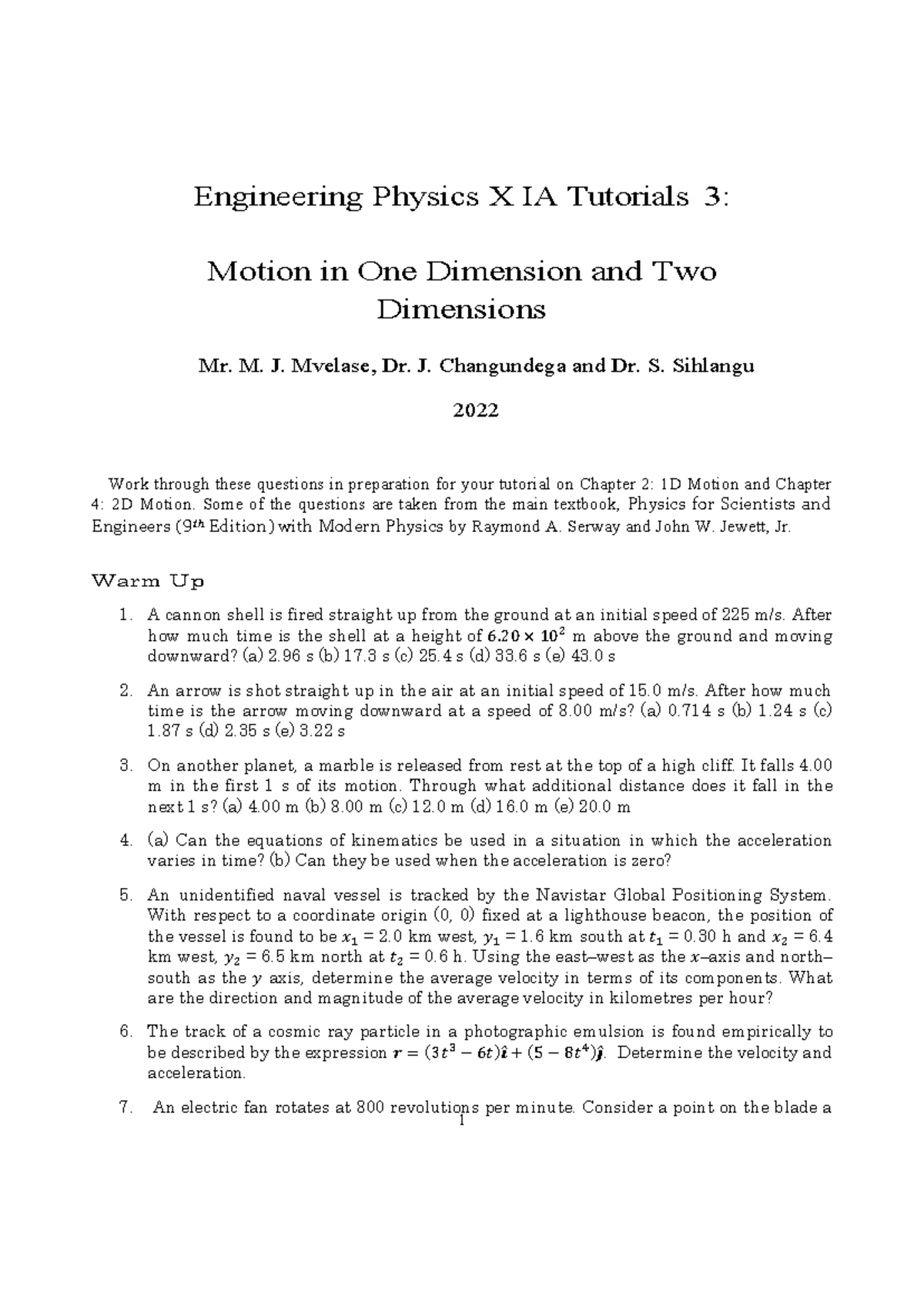 Tutorials 3 - Chapters 2 and 4 - Motion in One Dimension and Two ...