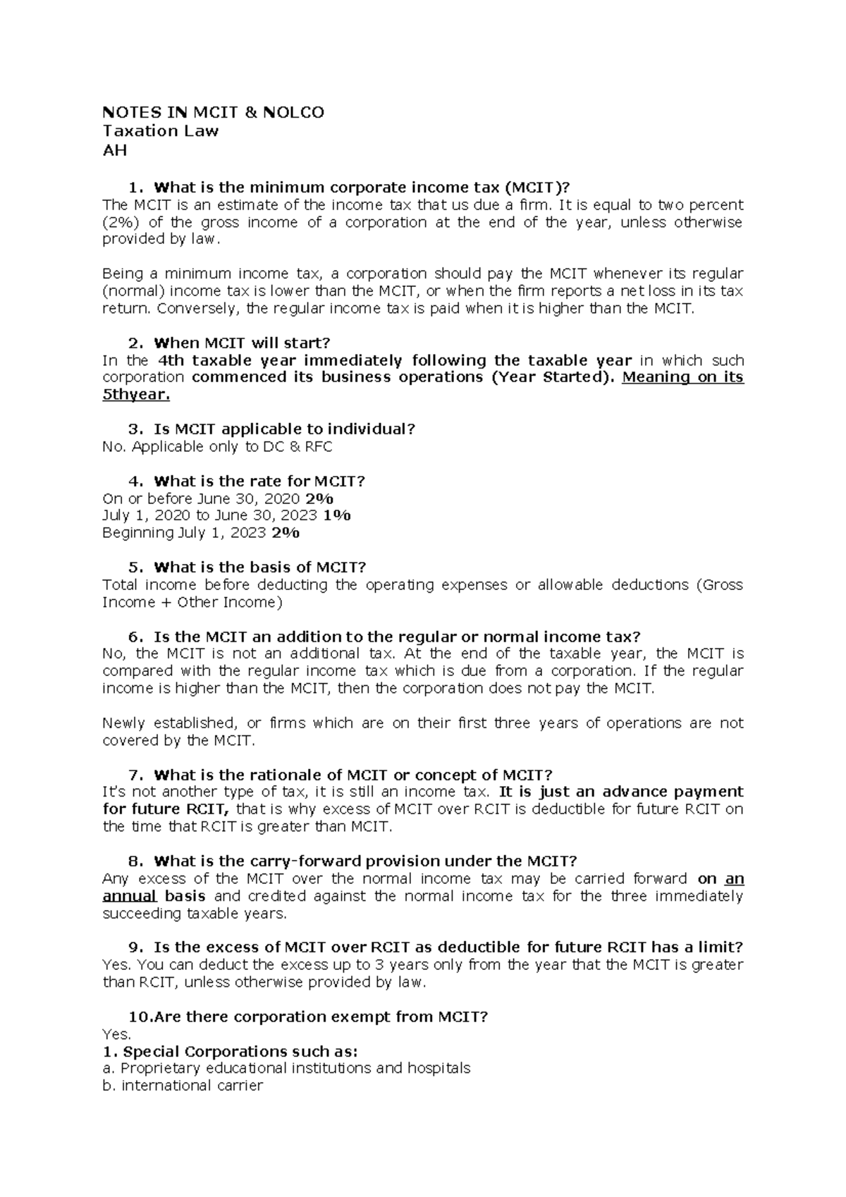 Income Taxation - NOTES IN MCIT & NOLCO Taxation Law AH What is the ...