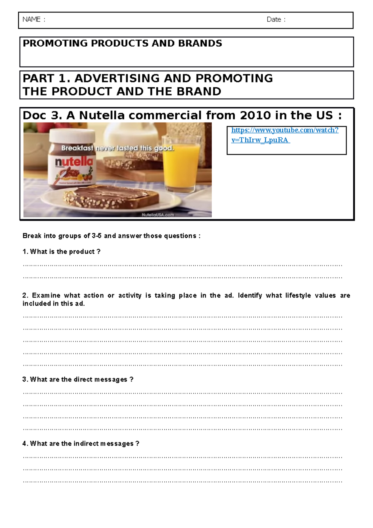 Study 6 etlv-nutella commercial - PROMOTING PRODUCTS AND BRANDS PART 1 ...