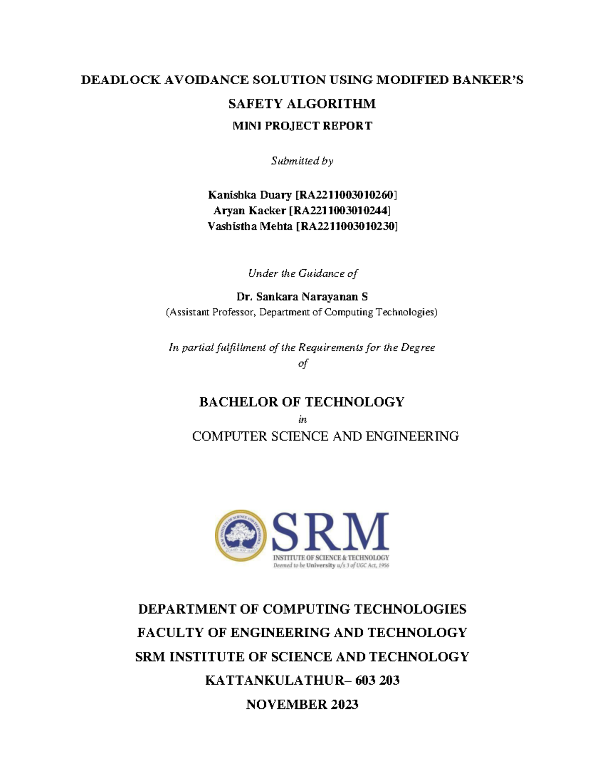 OS Project Report - DEADLOCK AVOIDANCE SOLUTION USING MODIFIED BANKER’S ...