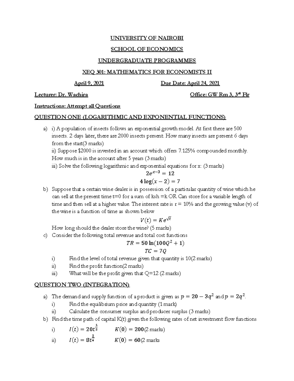 XEQ 301: Mathematics for economists 2_ Assignment April 2021 ...