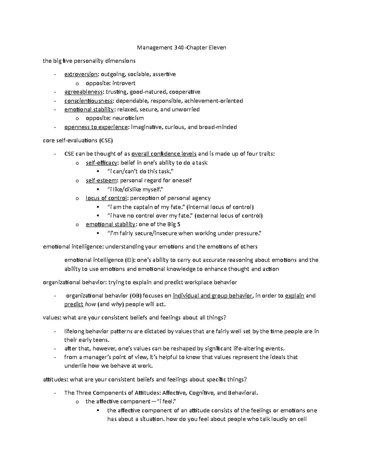 Managemnet 340-Chapter Eleven - ” o self-esteem: personal regard for oneself “i like/dislike ...