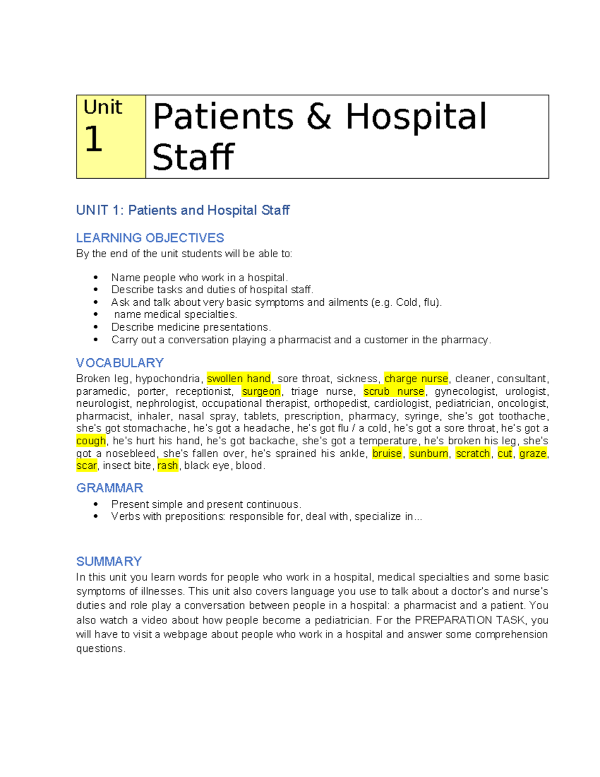 UNIT 1 Student Handout 3 - Unit 1 Patients & Hospital Staff UNIT 1 ...