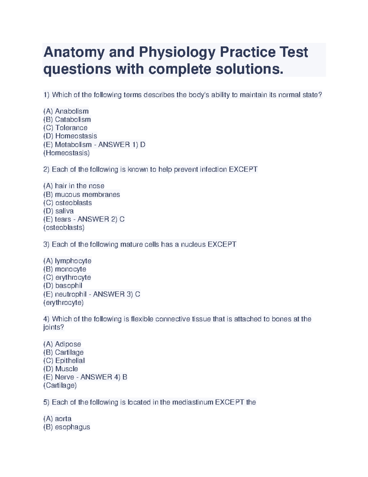 Anatomy and Physiology Practice Test questions with complete solutions ...