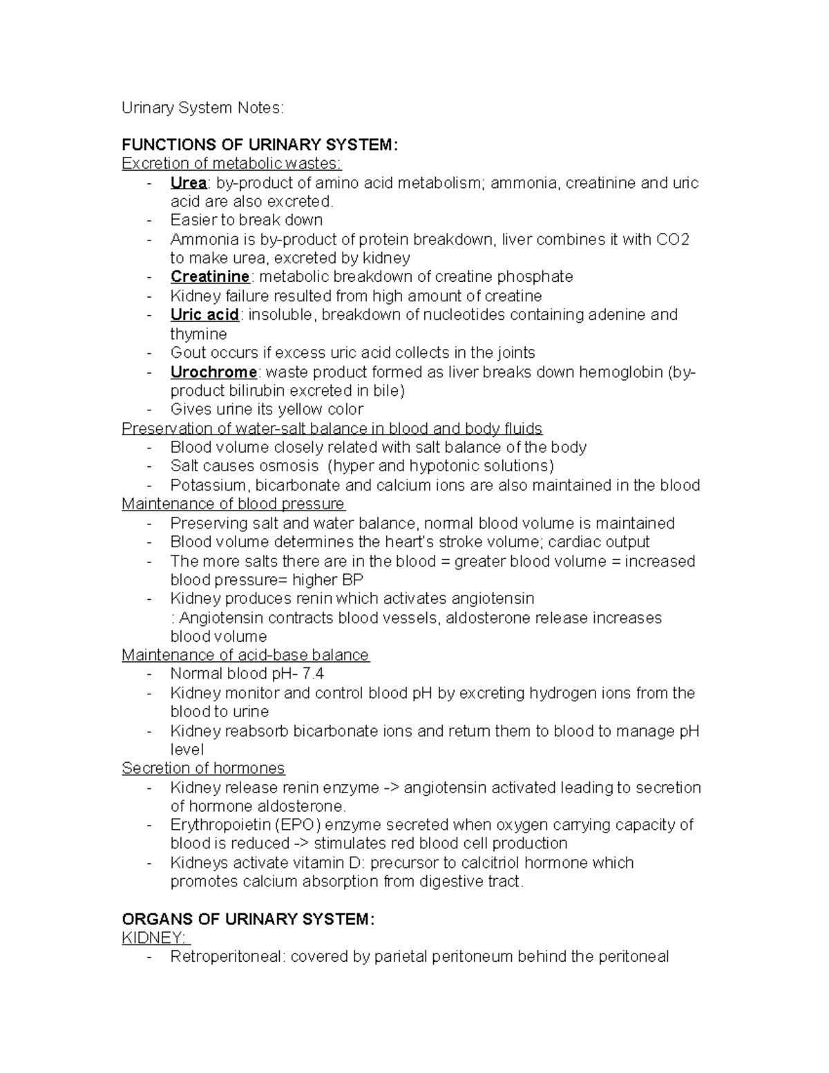 Urinary System Notes Master - Urinary System Notes: FUNCTIONS OF ...