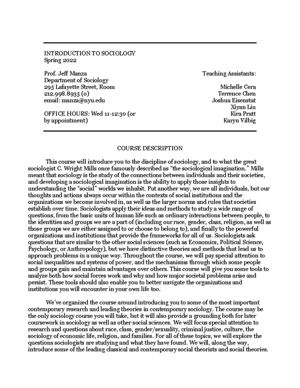 2023 Syllabus 2 - INTRODUCTION TO SOCIOLOGY Spring 2022 Prof. Jeff ...