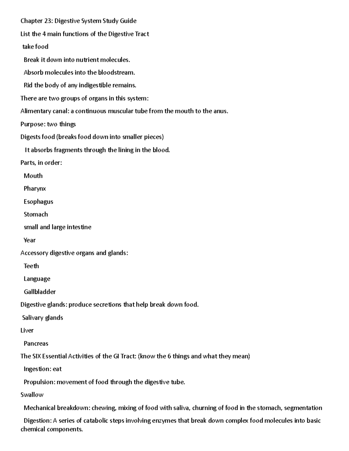 Chapter 23 Study Guide - Chapter 23: Digestive System Study Guide List ...