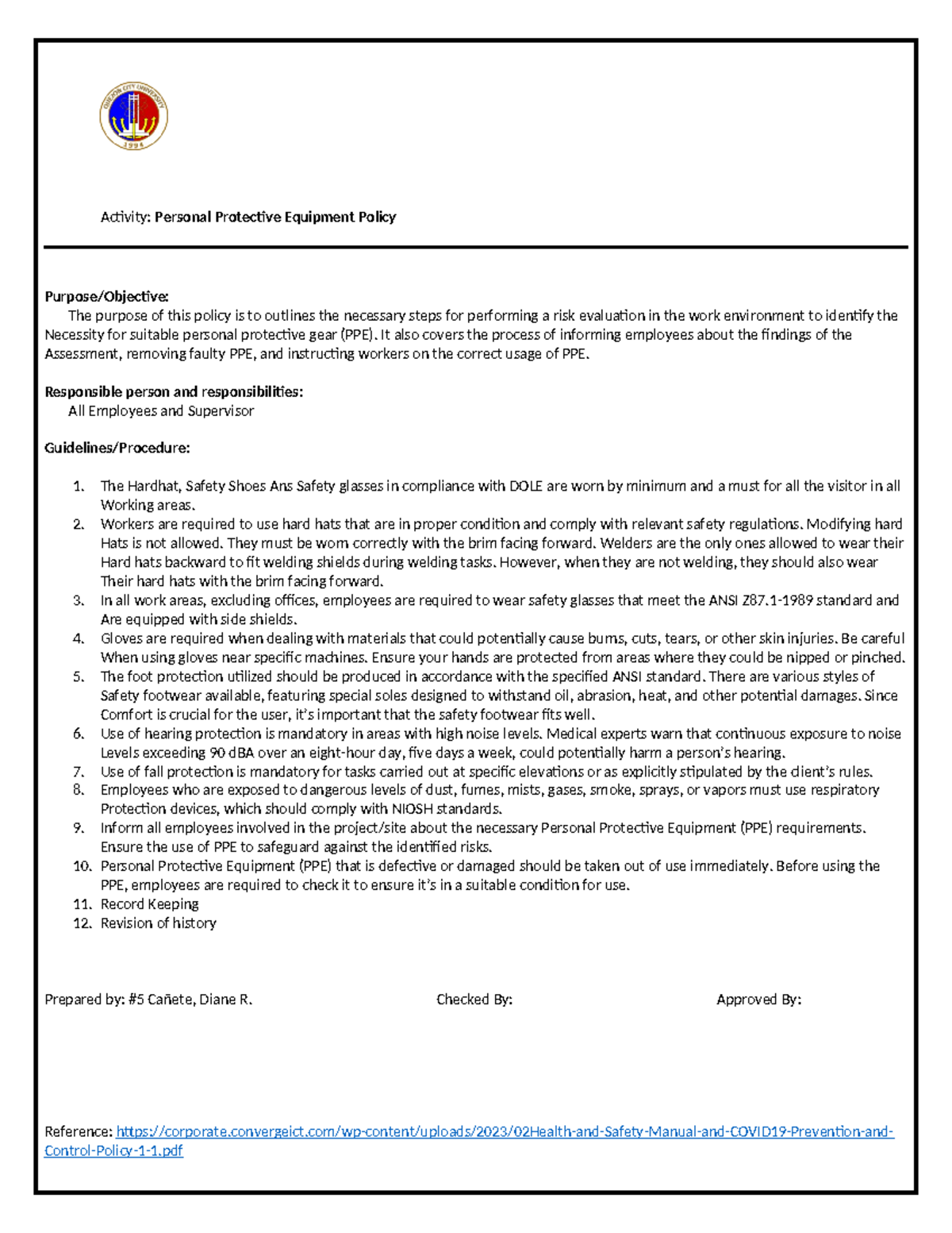 BASIC OCCUPATIONAL SAFETY AND HEALTH - Activity: Personal Protective ...