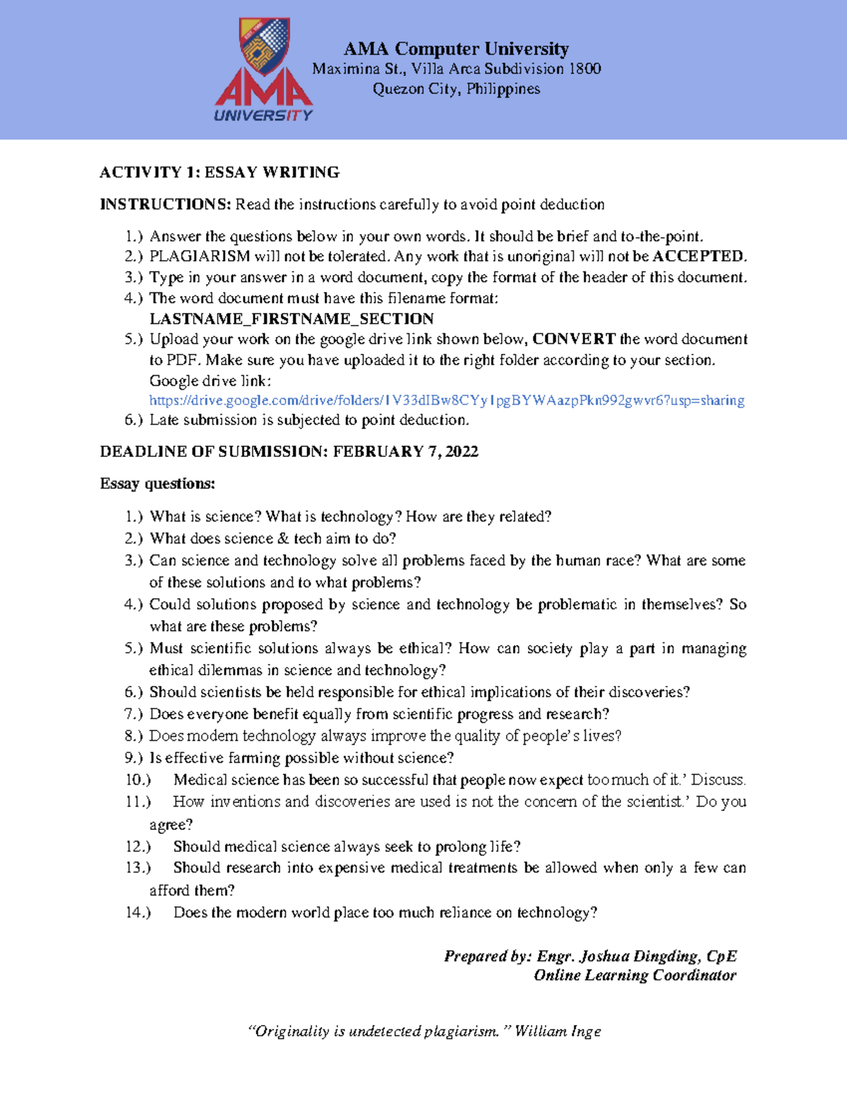 Activity 1 - Science, Technology AND Society - ACTIVITY 1: ESSAY ...