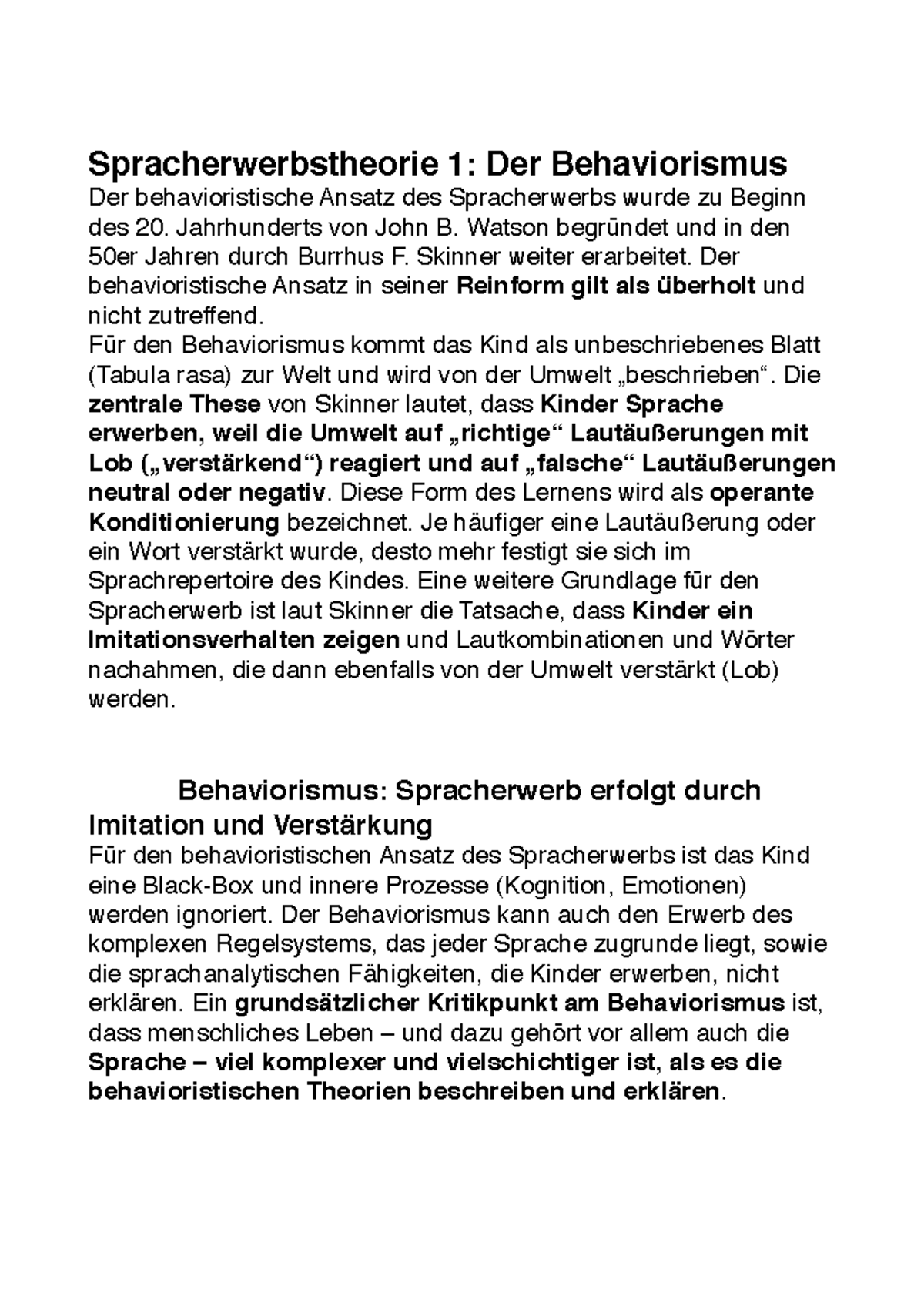 Skript Referat - uni - Spracherwerbstheorie 1: Der Behaviorismus Der ...