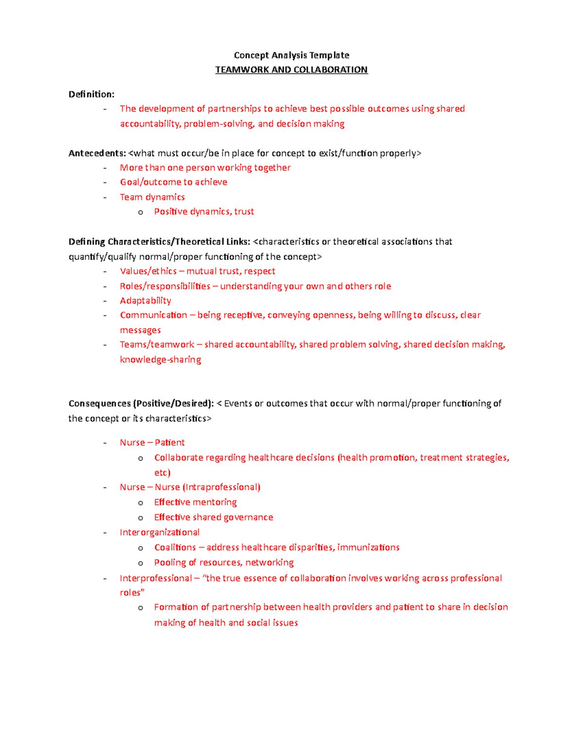 Concept Analysis Communication - Concept Analysis Template TEAMWORK AND ...