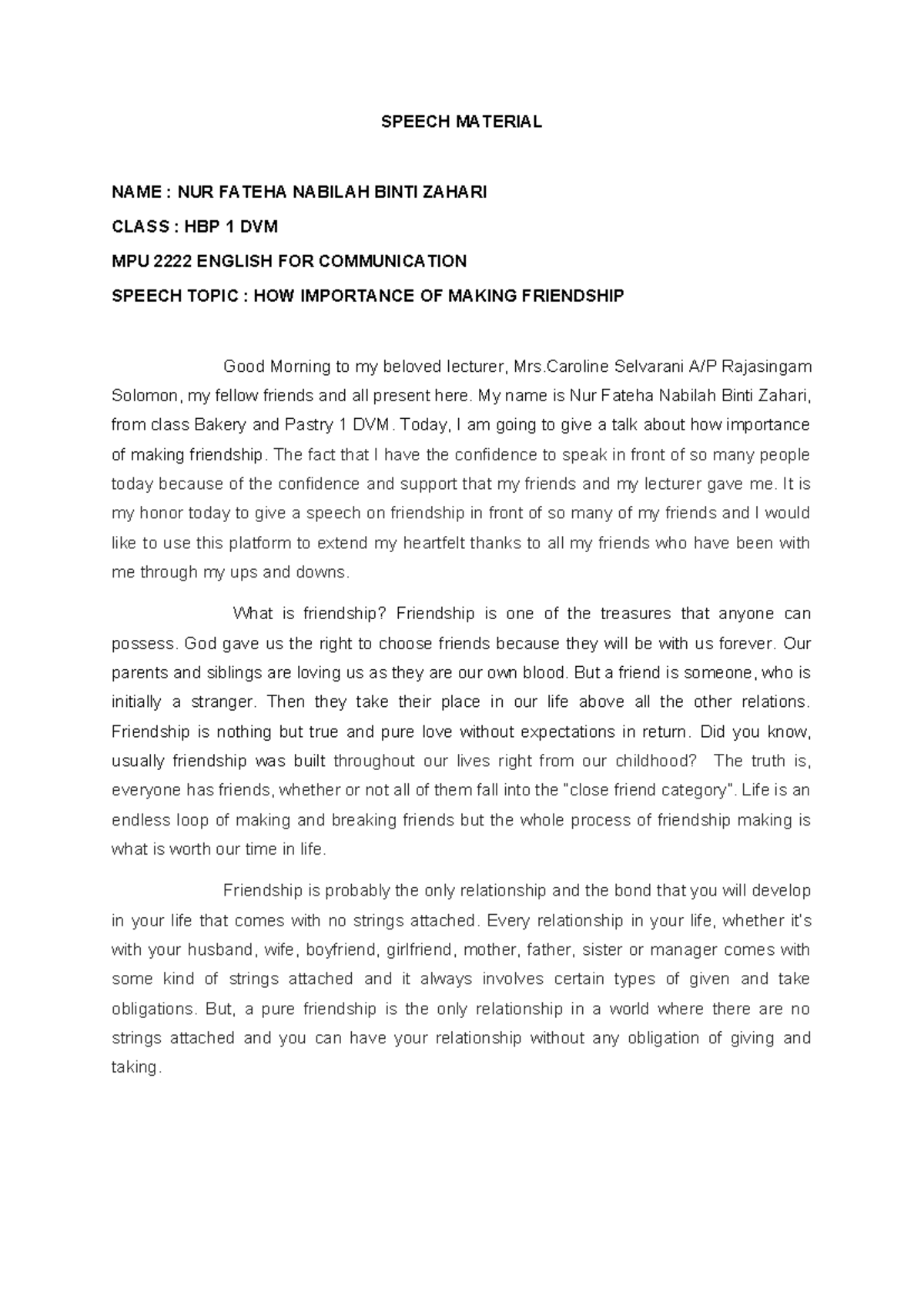 Speech Material - SPEECH MATERIAL NAME : NUR FATEHA NABILAH BINTI ...